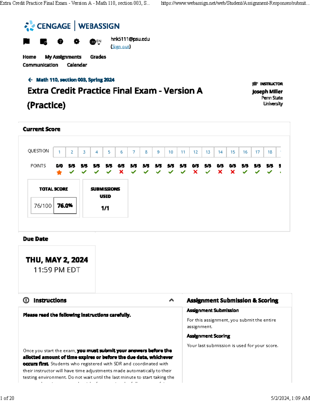 Practice Final Exam - Version A - Math 110, Spring 2024 Web Assign - EN Sign out QUESTION POINTS ...