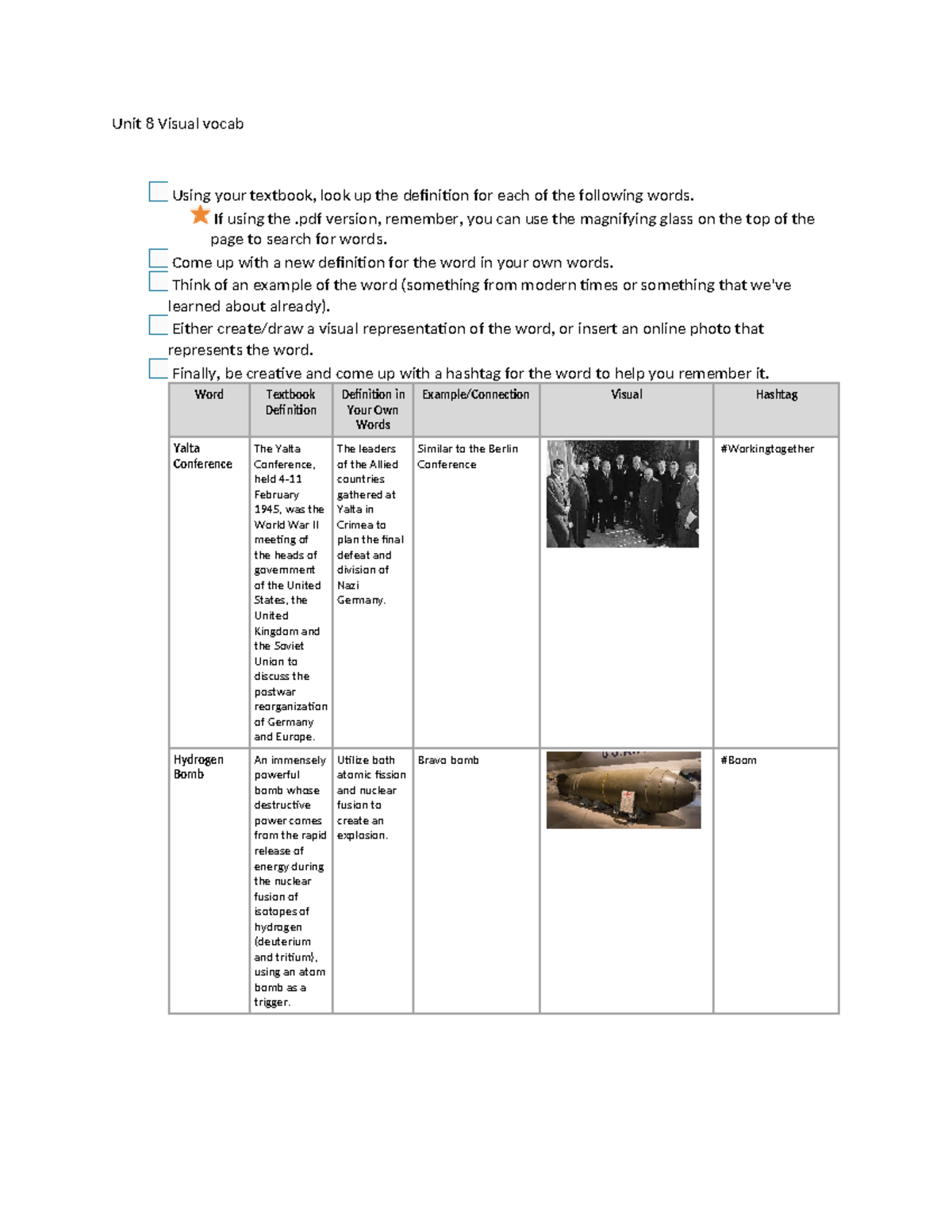 Unit 8 Visual vocab - For this assignment you will be learning about ...