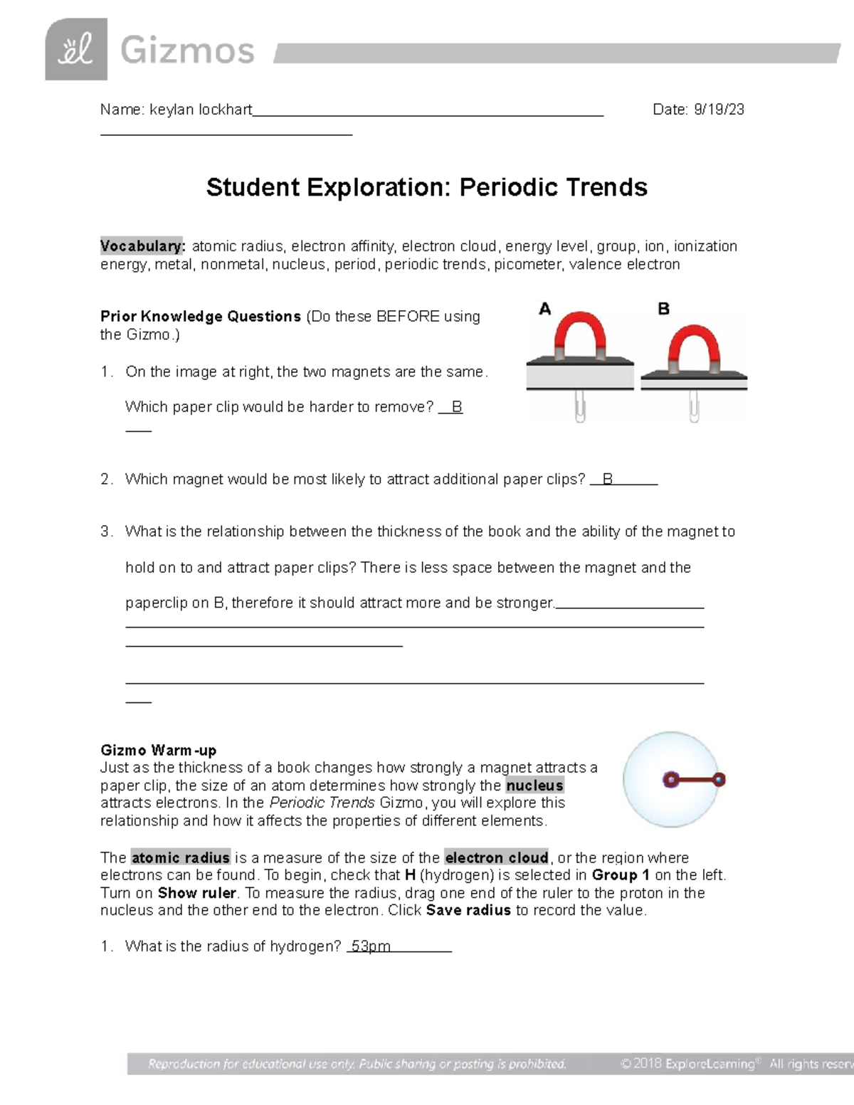 Periodic Trends SE - Assignments - Name: keylan lockhart Date: 9/19 ...