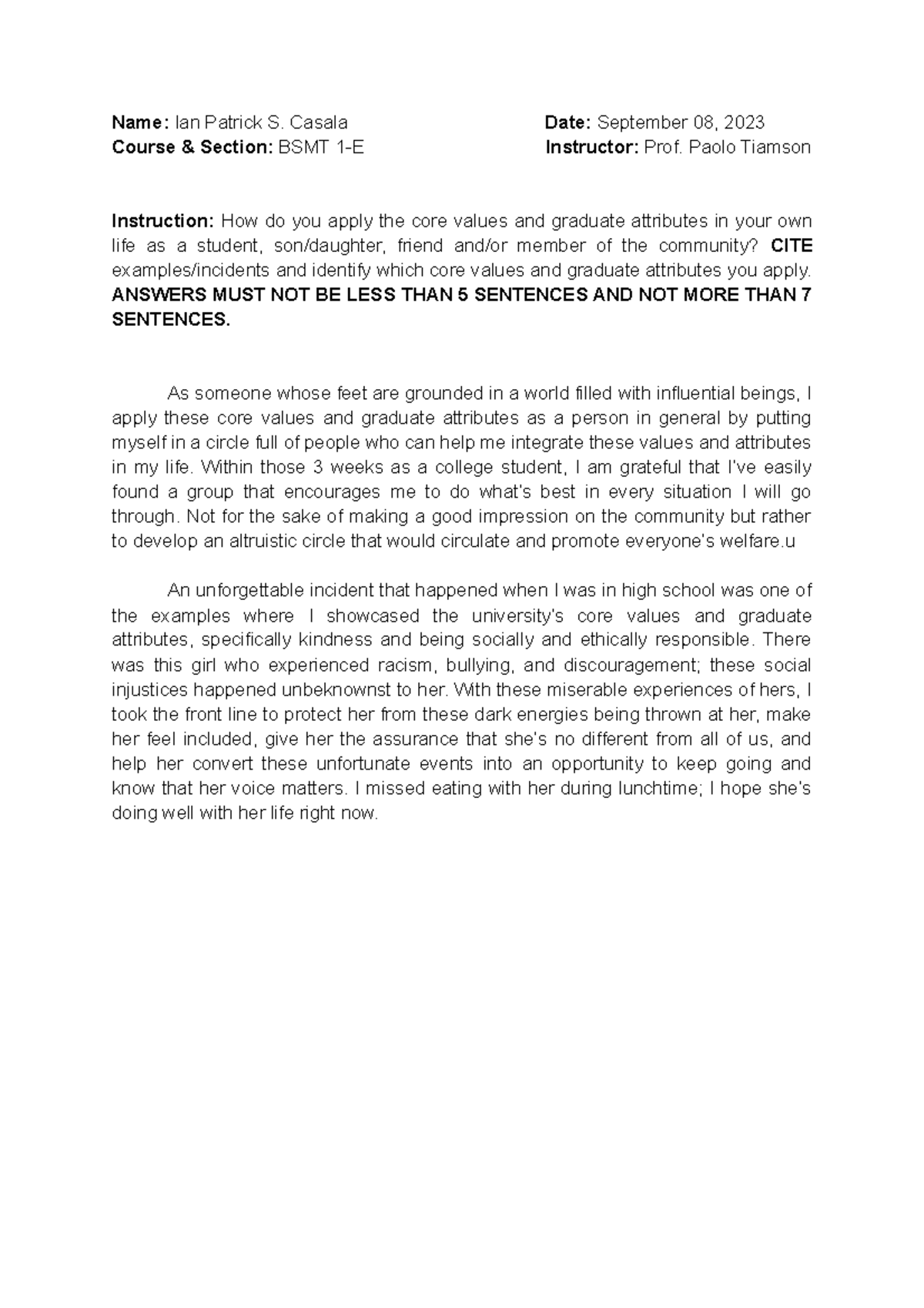 Core Values and Graduate Attributes - Name: Ian Patrick S. Casala Date ...