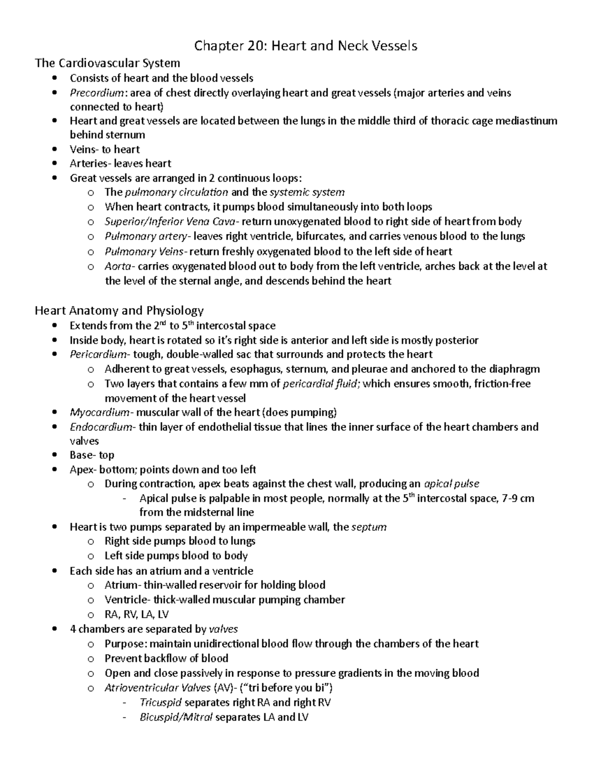 Heart and vessels Outline 20 - Chapter 20: Heart and Neck Vessels The ...