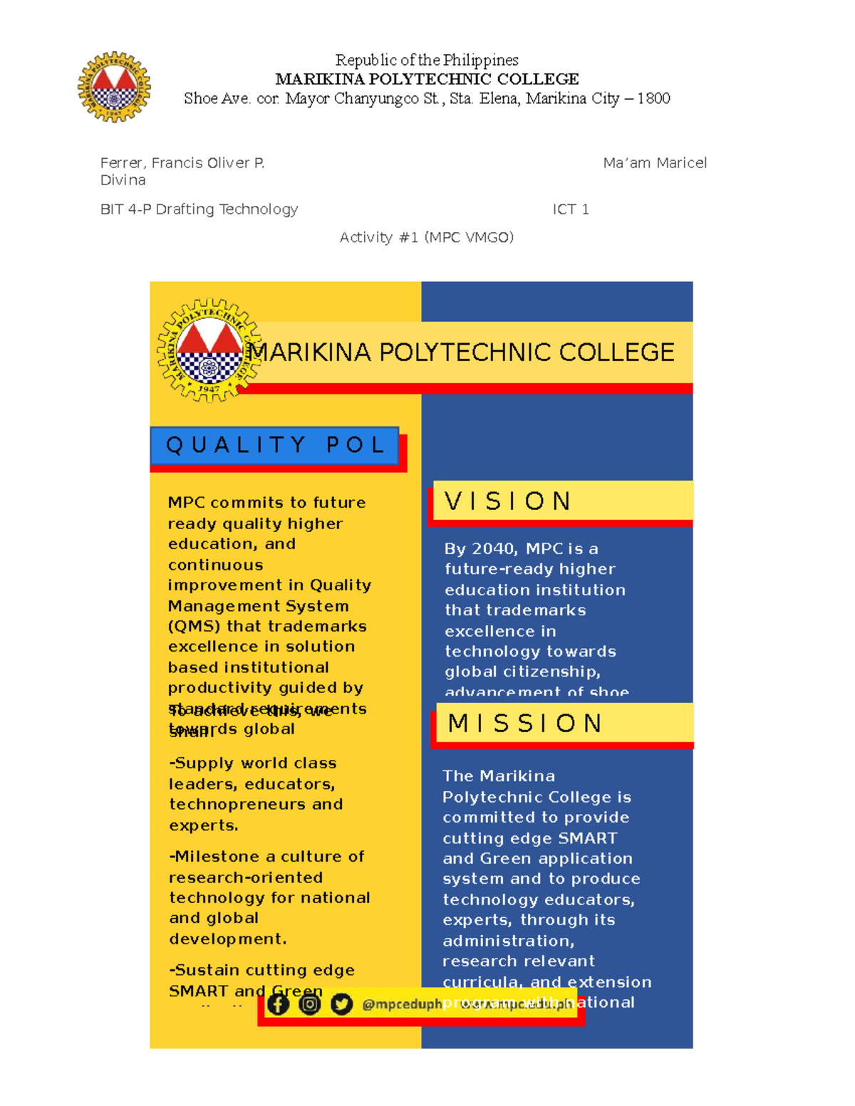 Ferrer BIT 4-P ICT Activity #1 - Republic of the Philippines MARIKINA ... Ferrer BIT 4-P ICT Activity #1 - Republic of the Philippines MARIKINA ...