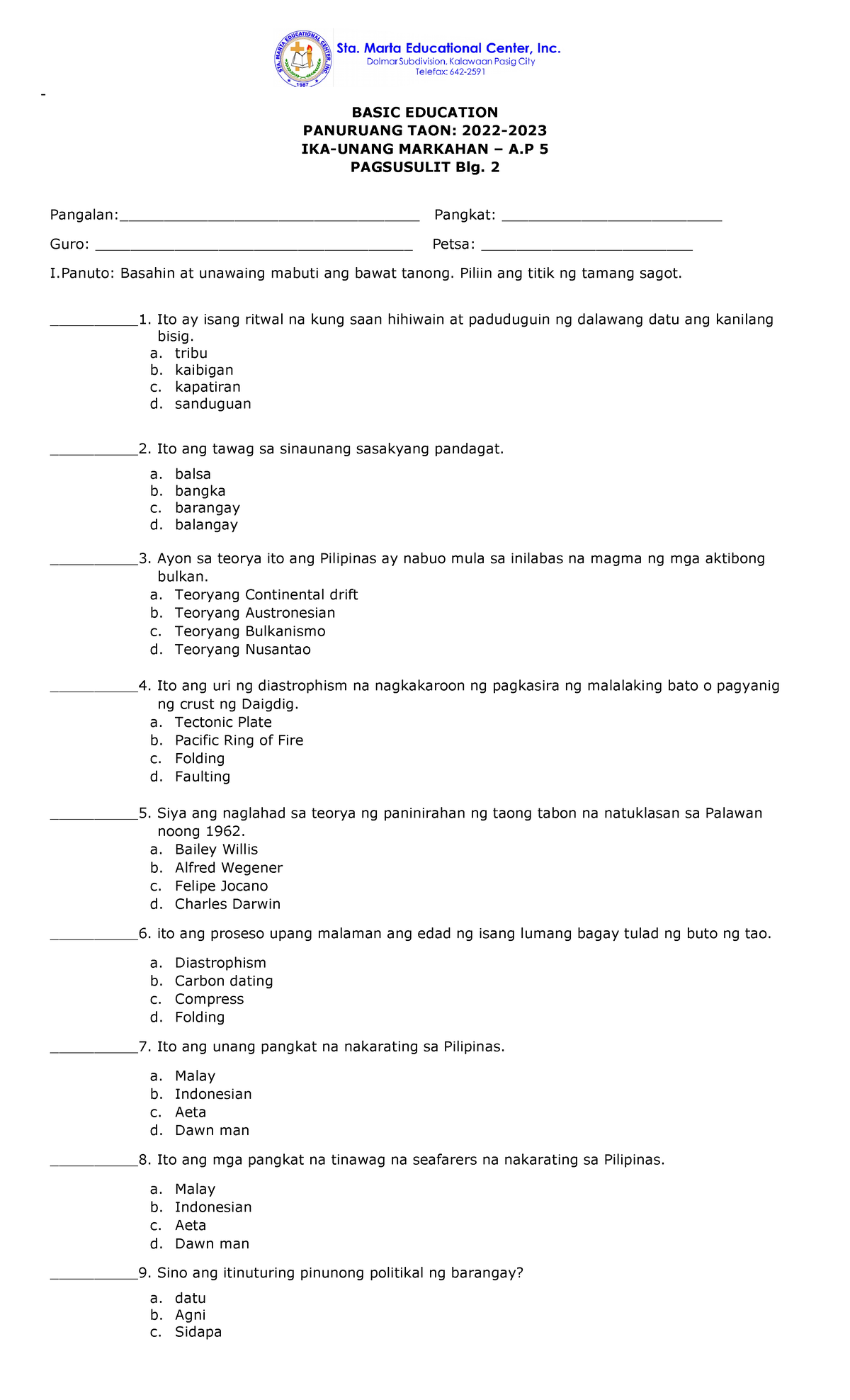 1st Quarter - A.P 5 QUIZ 2 - BASIC EDUCATION PANURUANG TAON: 2022- IKA ...