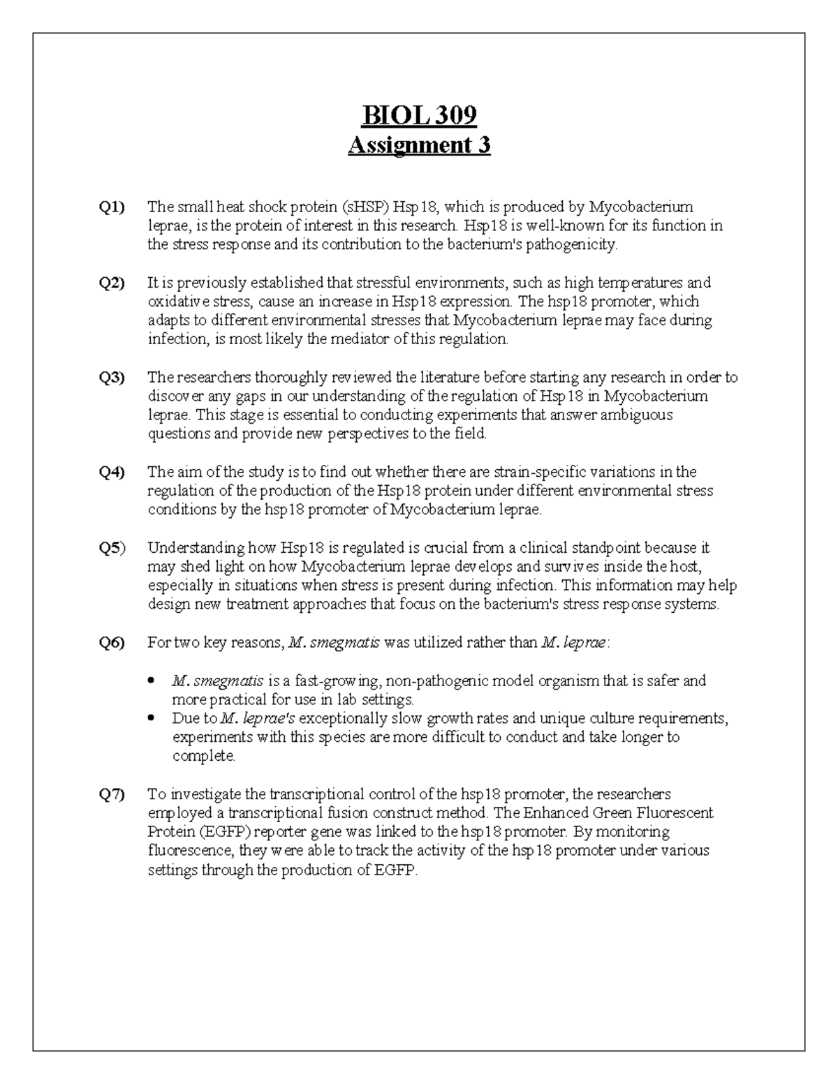 BIOL 309 Assignment 3 - BIOL 309 Assignment 3 Q1) The small heat shock ...