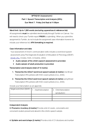 SPTH2101 - Assignment 1 - See Appendix 1. for adult transcription (Cox ...