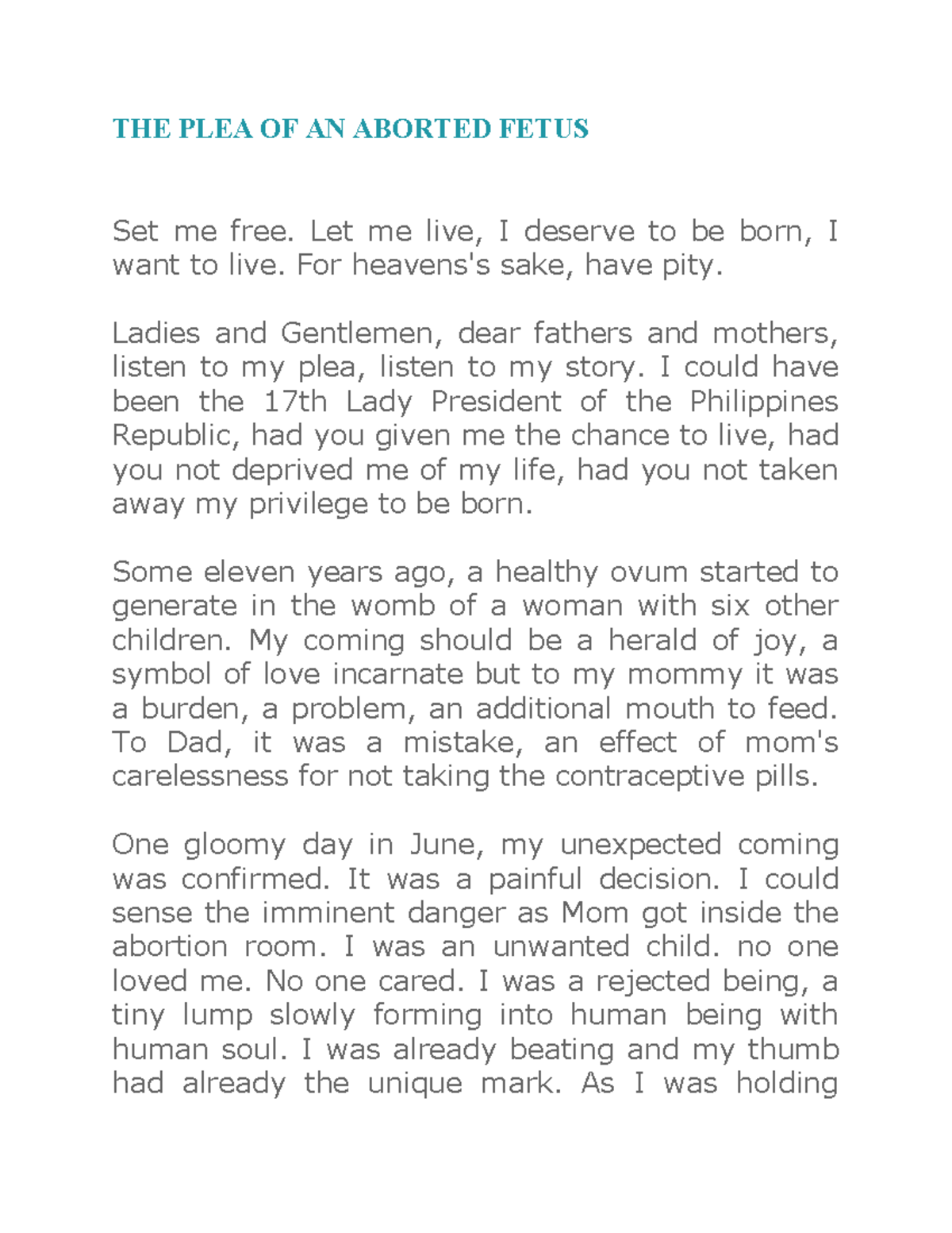 THE PLEA OF AN Aborted Fetus - THE PLEA OF AN ABORTED FETUS Set me free ...