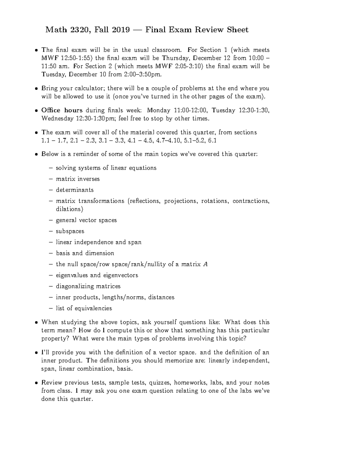 Final-reviewsheet - Final Exam Review - Math 2320, Fall 2019 — Final ...