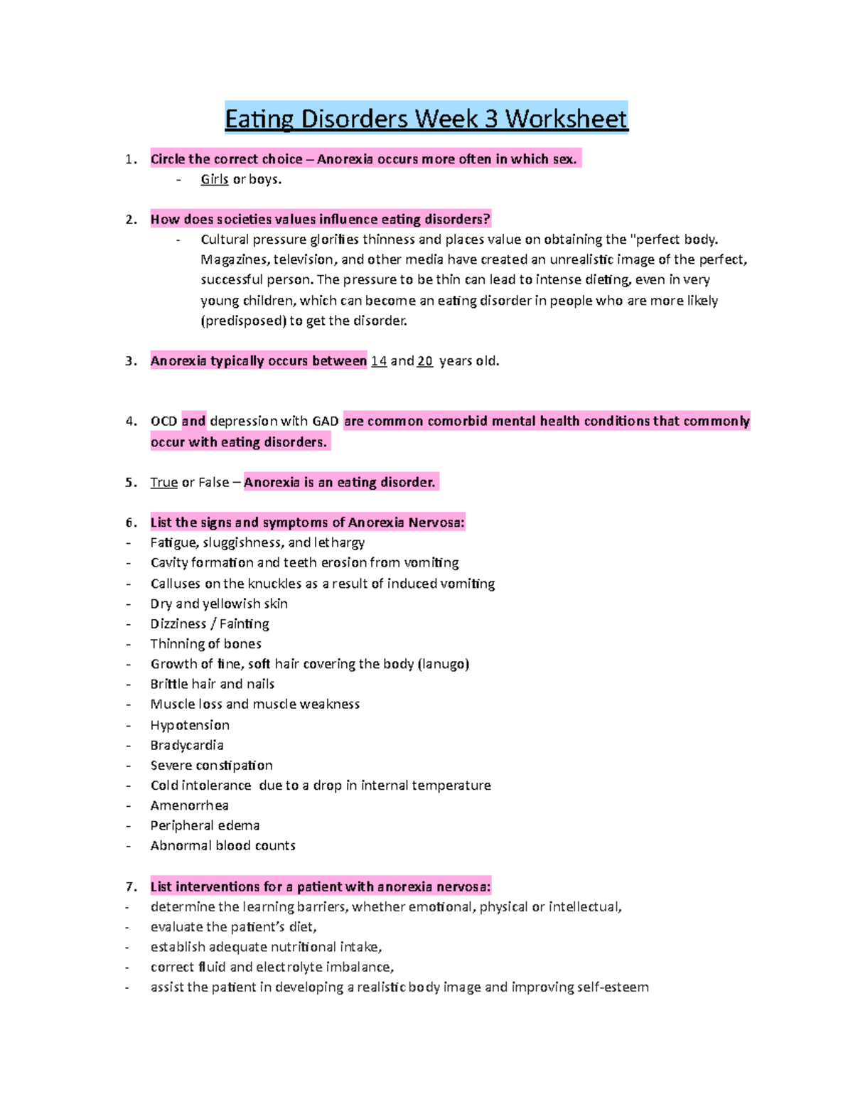 MH - Week 4 worksheet (completed) - Eating Disorders Week 3 Worksheet ...