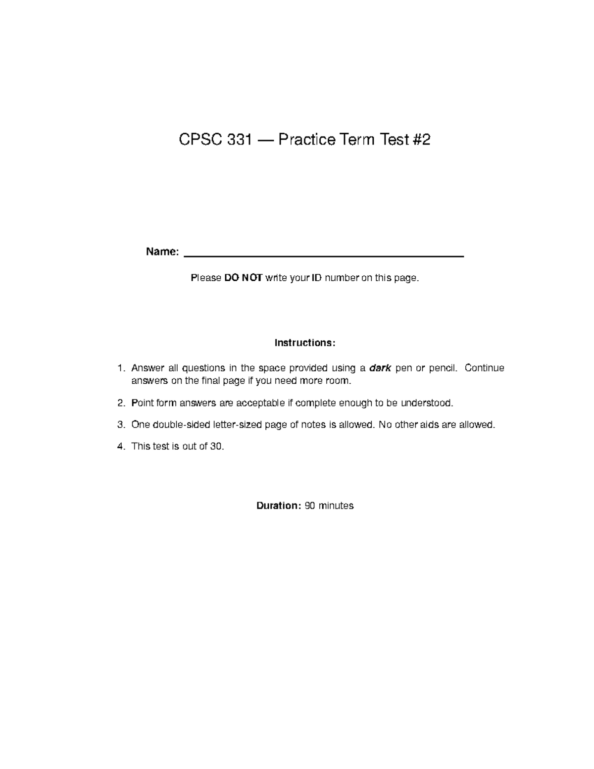 CPSC 331 Practice Midterm #1 Fall 2022 - CPSC 331 — Practice Term Test ...