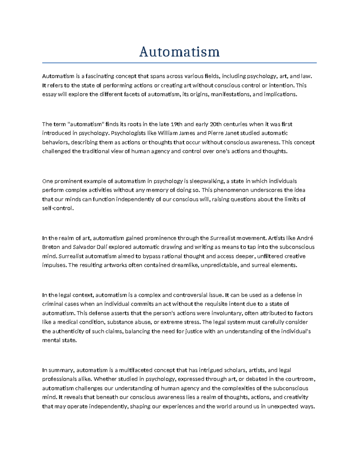 Automatism - Automatism Automatism is a fascinating concept that spans ...