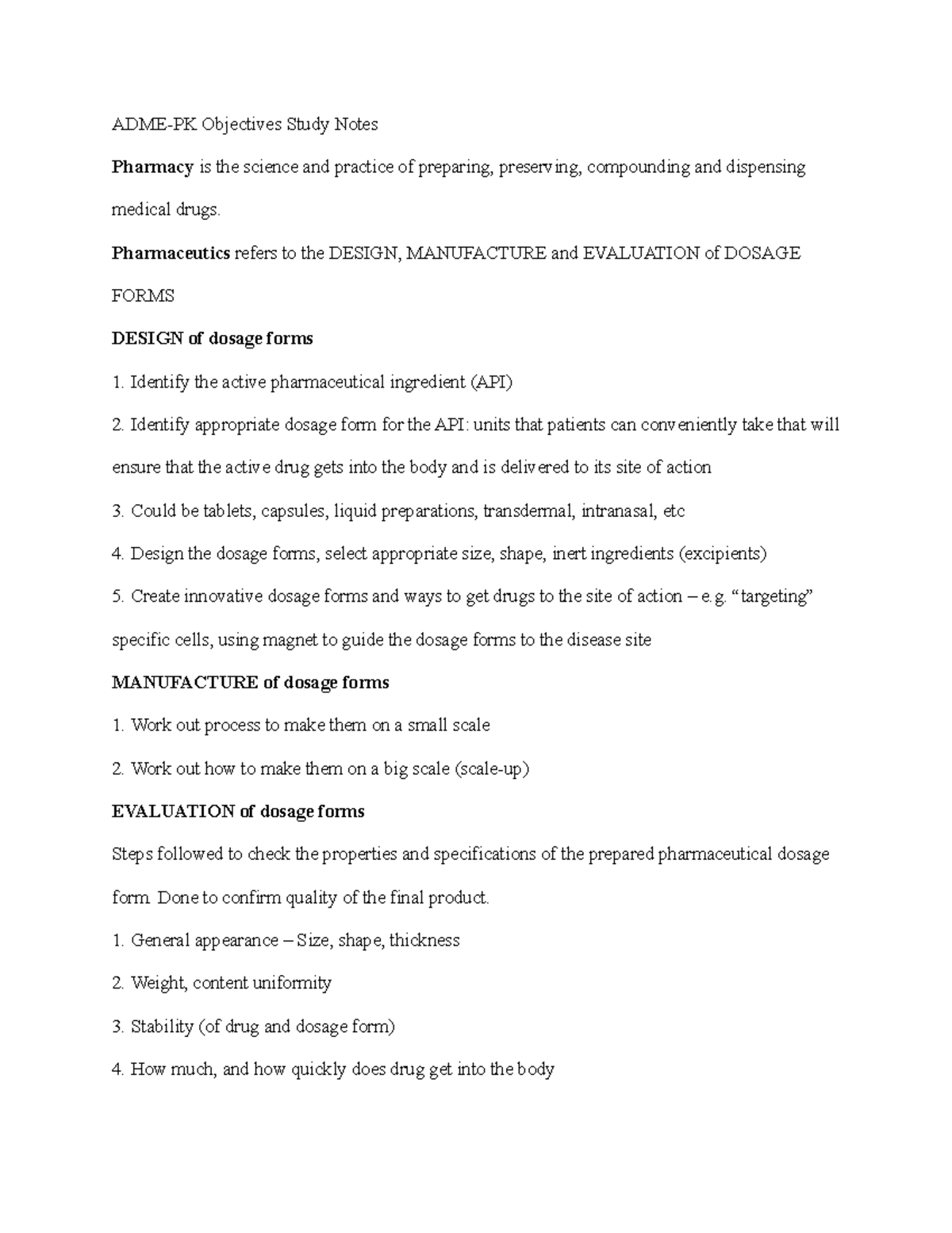 ADME- PK Objective and Study Notes Exam 1 - ADME-PK Objectives Study ...