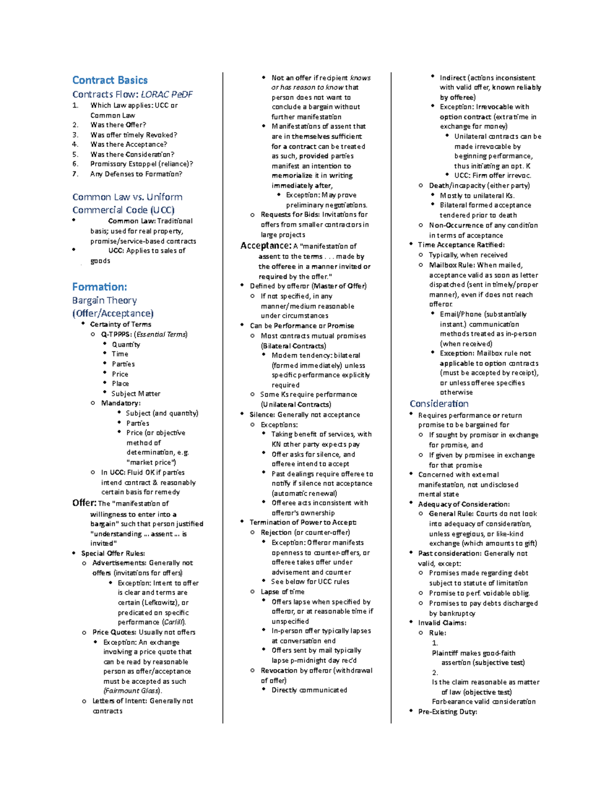 Contract Note Sheet - Contract Basics Contracts Flow: LORAC PeDF Which Law applies: UCC or ...