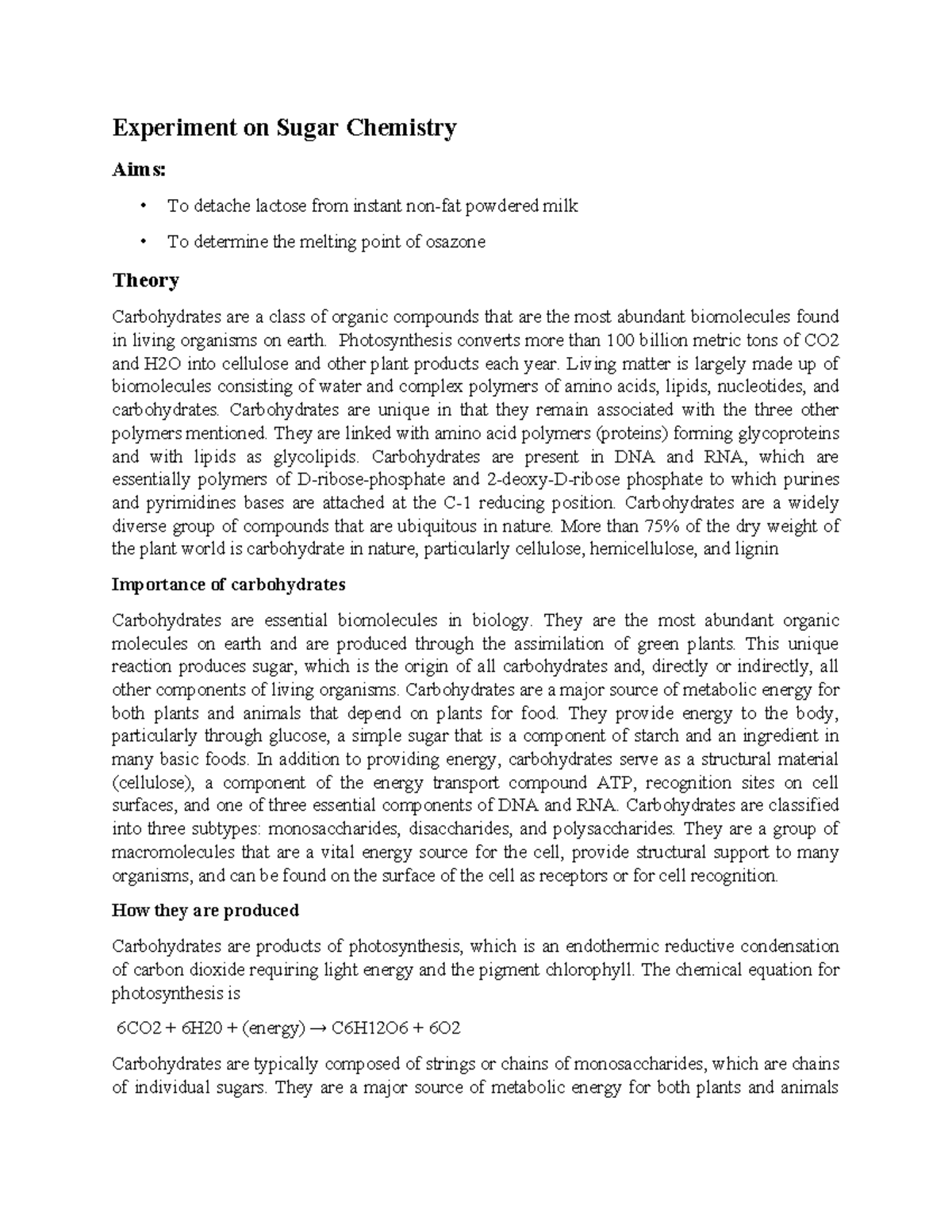 Experiment ON Sugar Chemistry - Experiment on Sugar Chemistry Aims ...