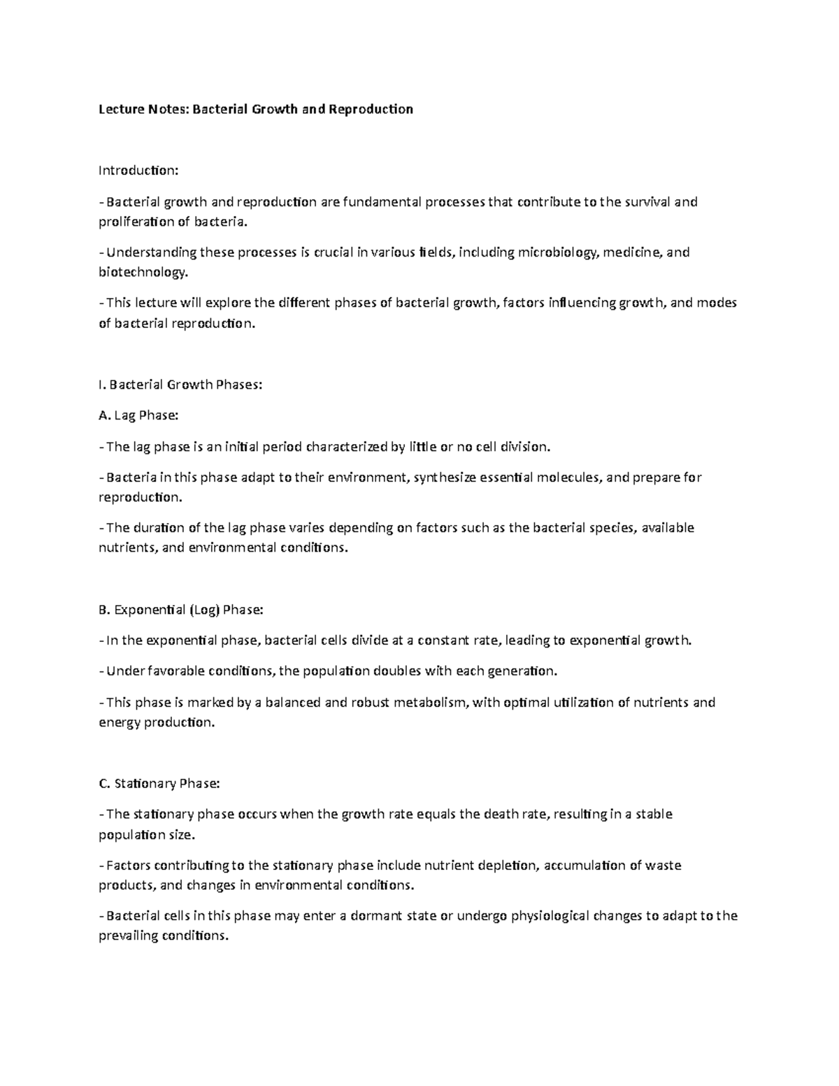 Lecture Notes: Bacterial Growth and Reproduction - Lecture Notes ...