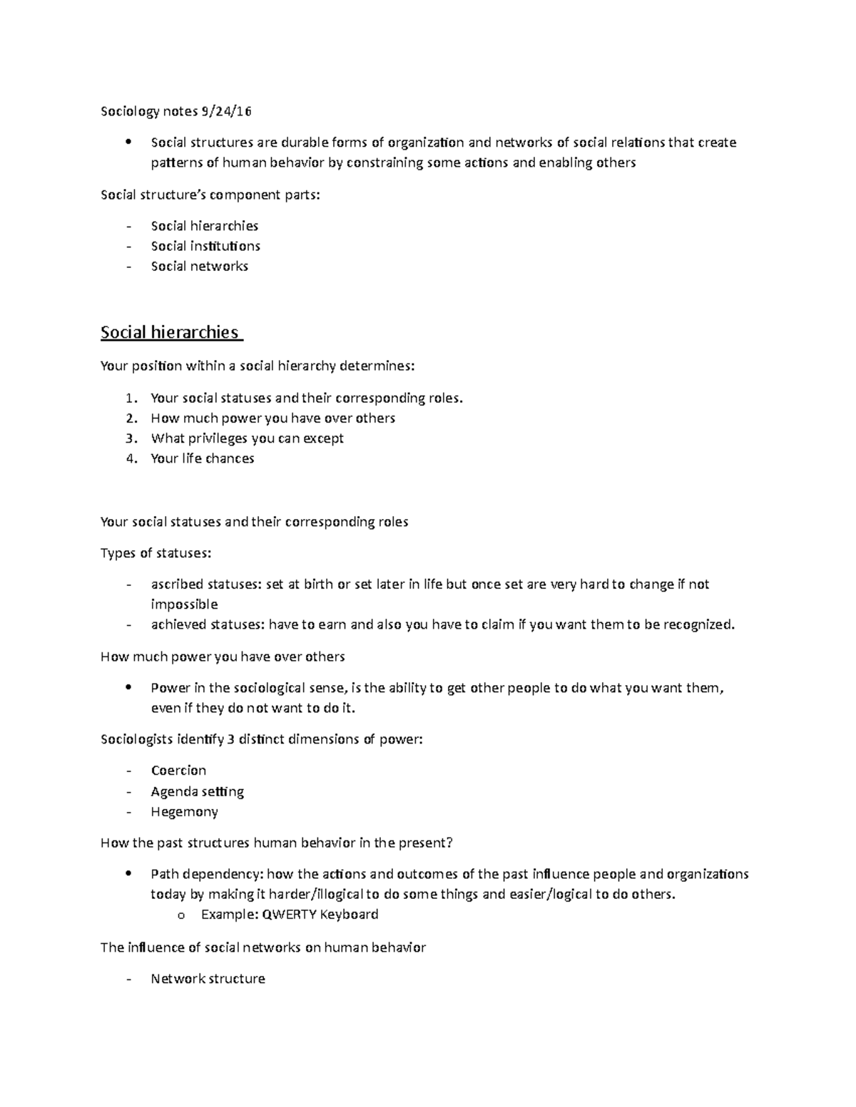 Sociology exam 2 notes - Sociology notes Social structures are durable ...