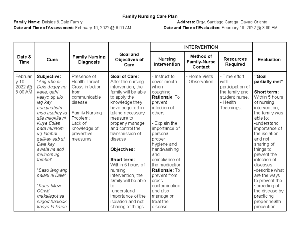 Communicable Disease Family Nursing CARE PLAN - Family Nursing Care ...