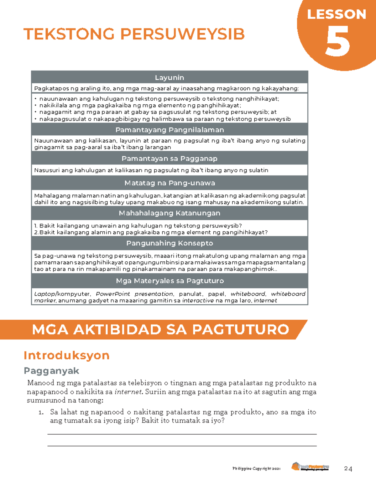 Lesson 05 - NONE - LESSON 5 TEKSTONG PERSUWEYSIB ####### Layunin Pagkatapos ng araling ito, ang ...