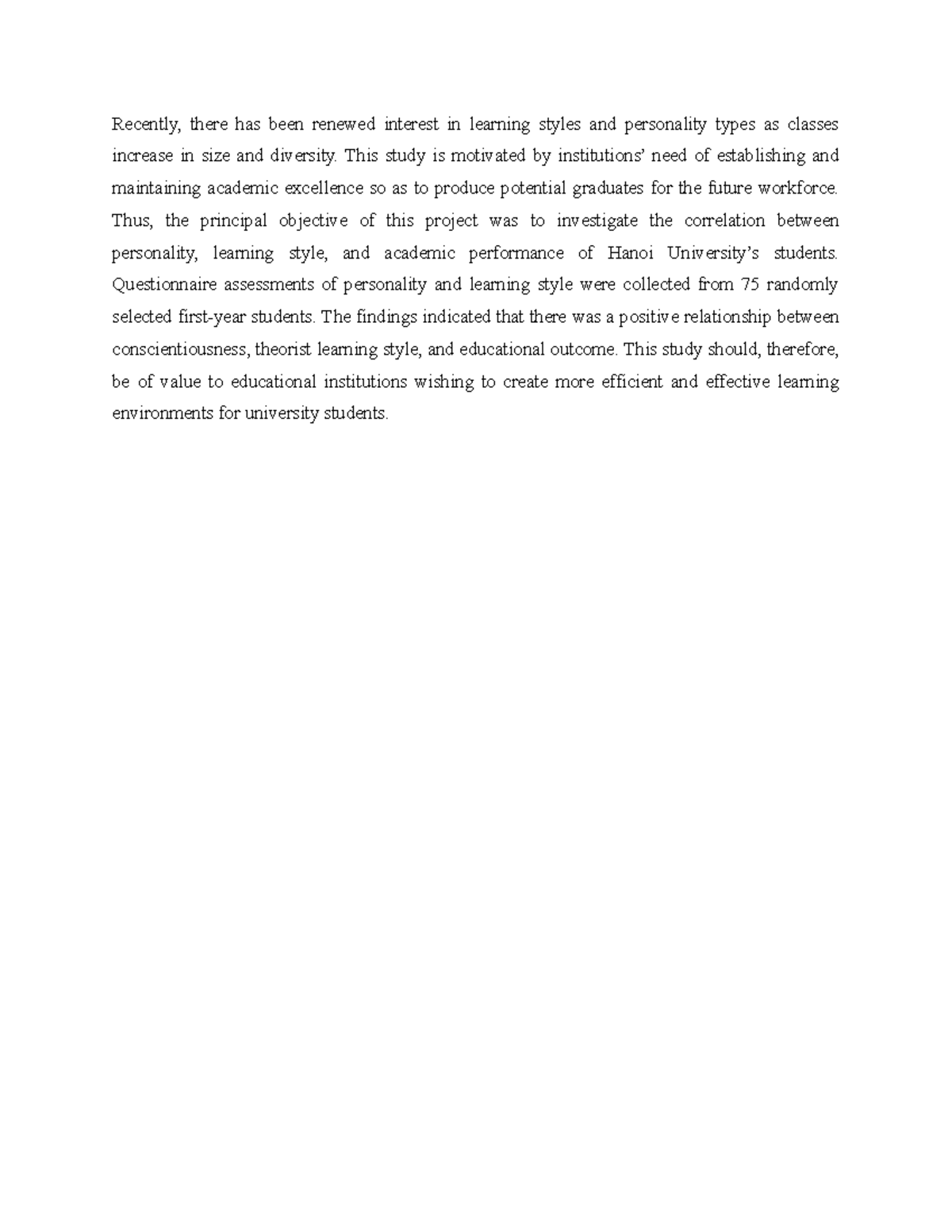 Abstract - personality types, academic performance - Recently, there ...