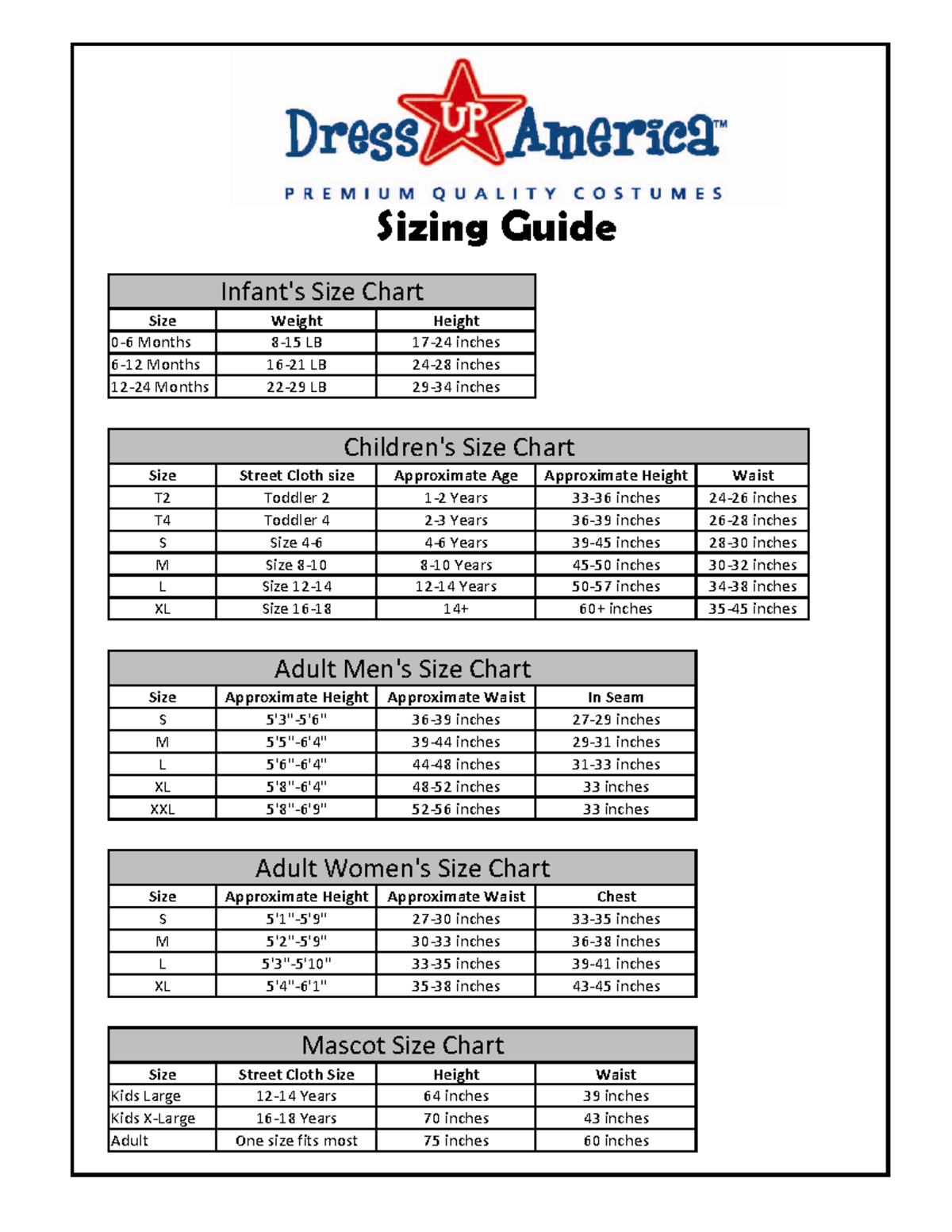 Dress up america sizing guide - Size Weight Height Sizing Guide Infant ...