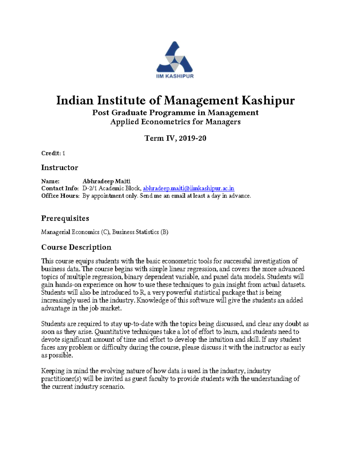 Applied Econometrics Syllabus 2019 - Warning: TT: undefined function: 32 Indian Institute of ...