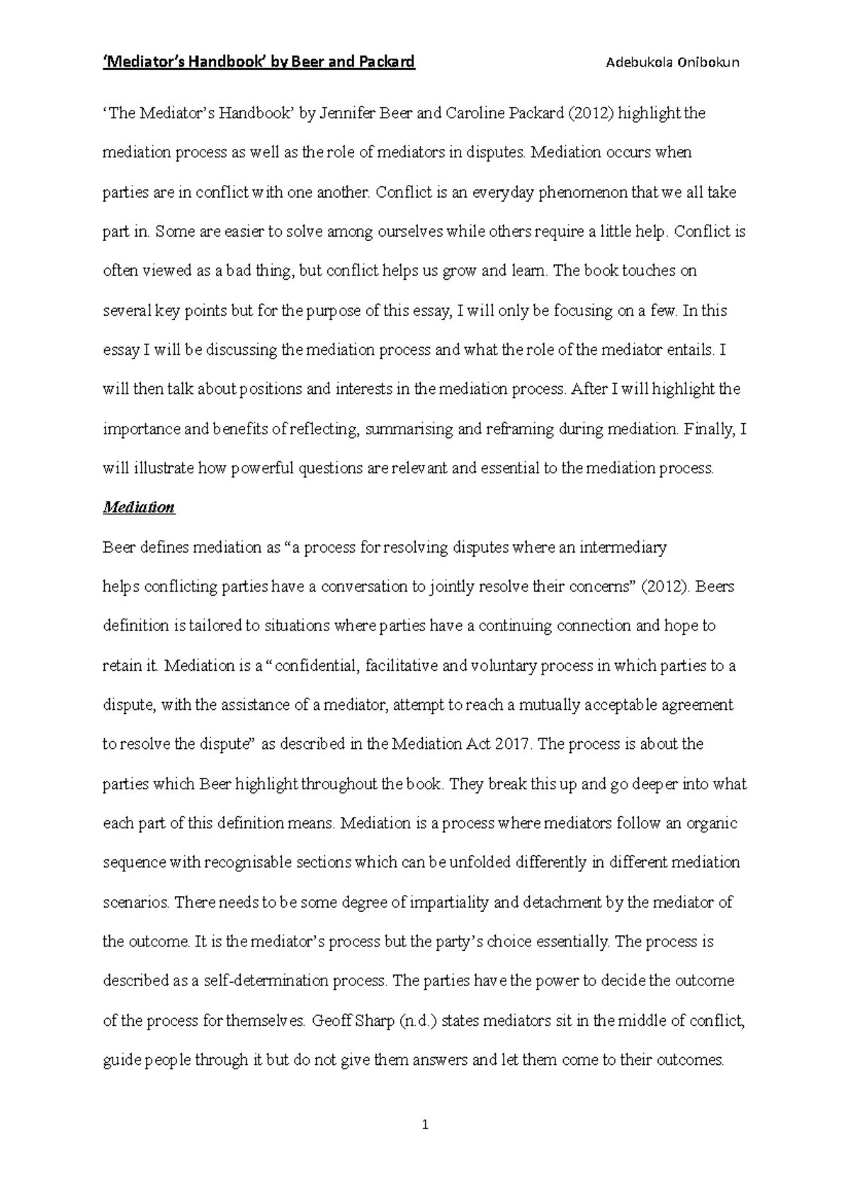 Beer’ Mediator’s Handbook Process Reflection Assignment - ‘The Mediator ...