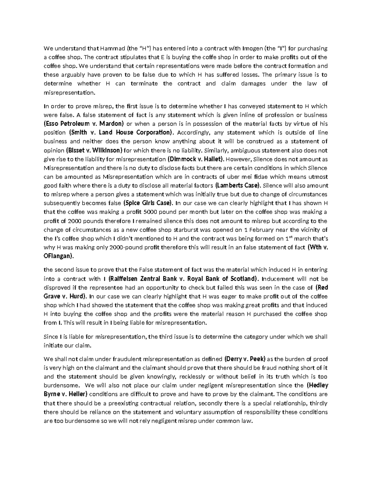 Misrep - Ans - We understand that Hammad (the “H”) has entered into a ...