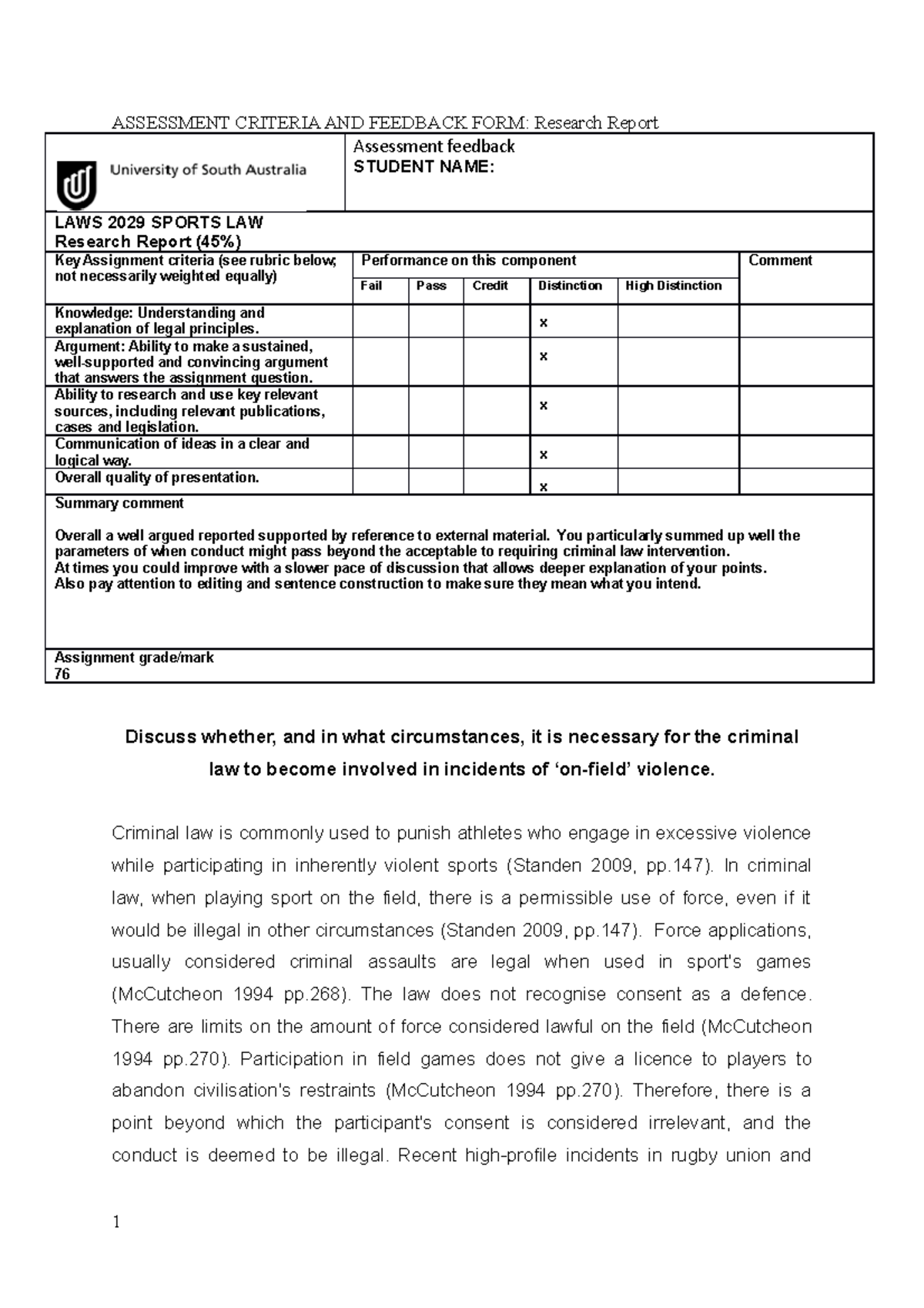 Marking rubric marked - ASSESSMENT CRITERIA AND FEEDBACK FORM: Research ...