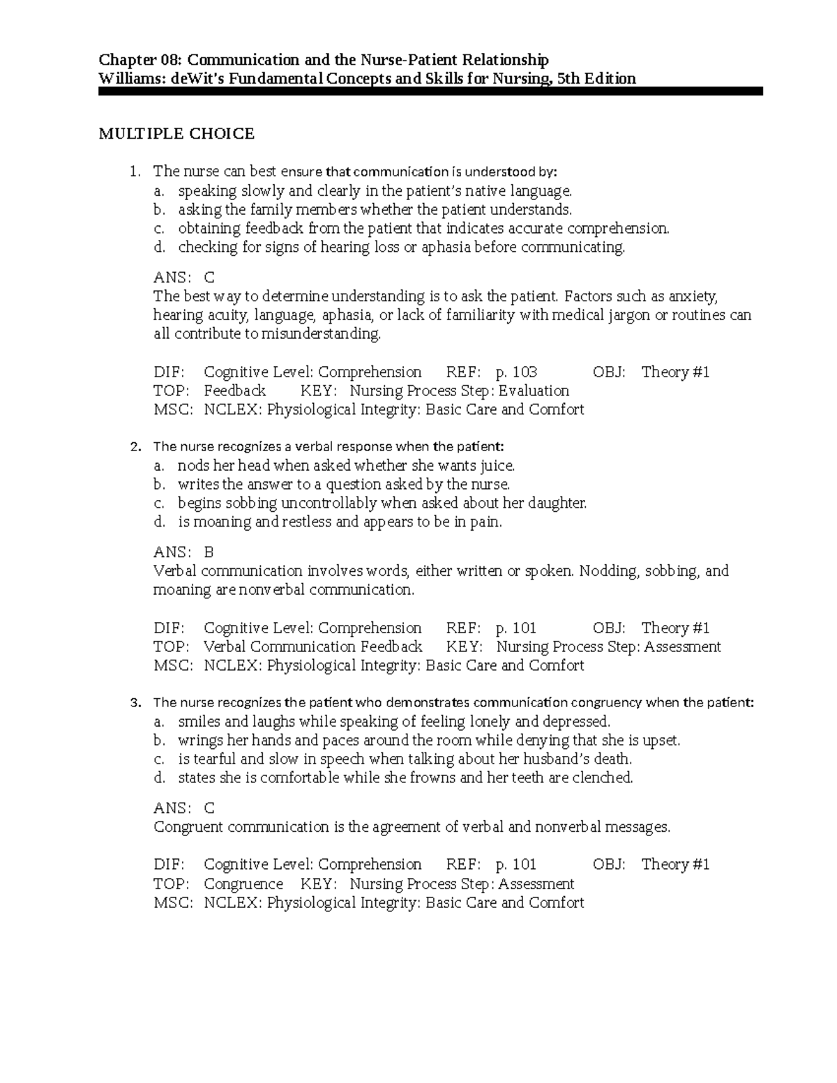 Chapter 8 Dewitt Practical Nursing - Chapter 08: Communication and the ...