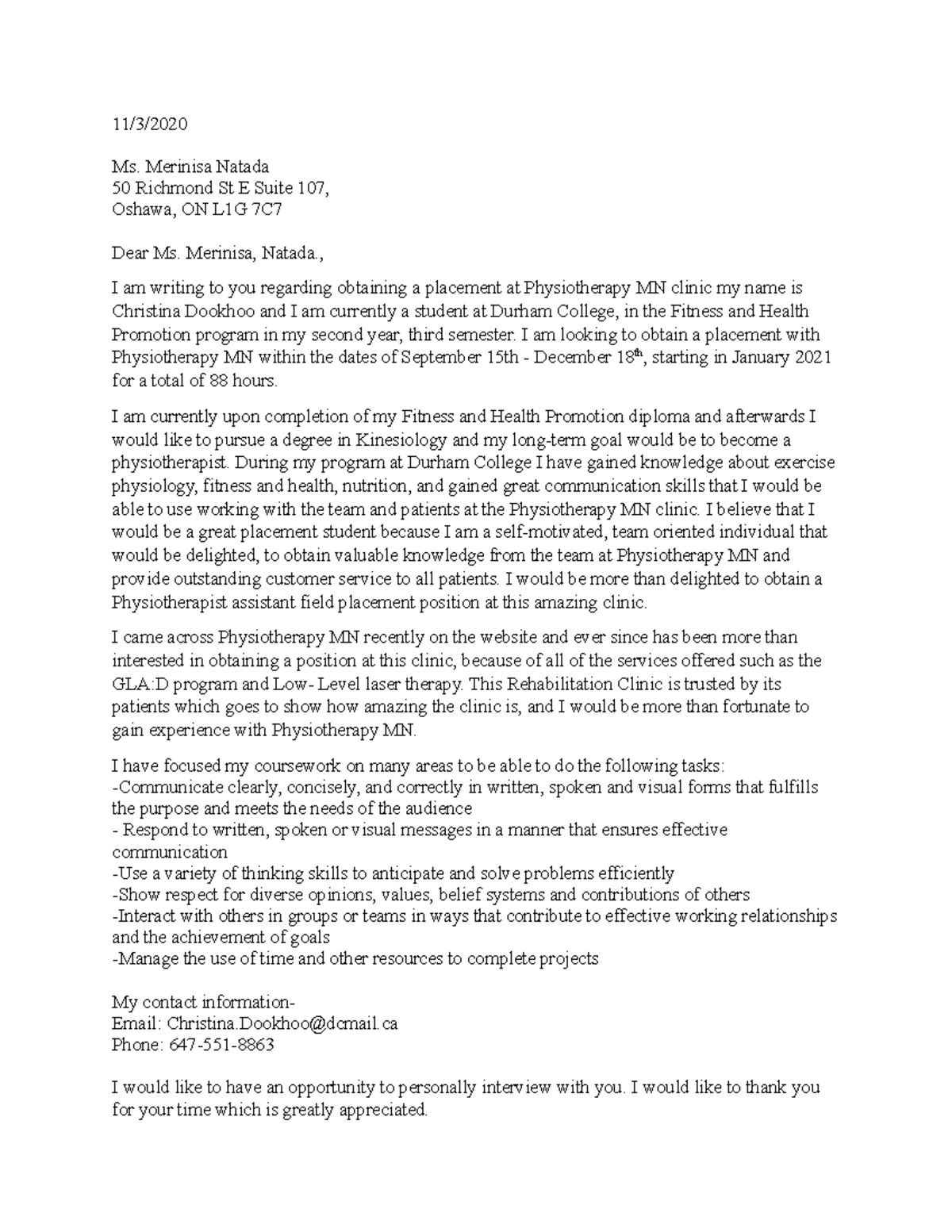 Physio placement letter - 11/3/ Ms. Merinisa Natada 50 Richmond St E ...