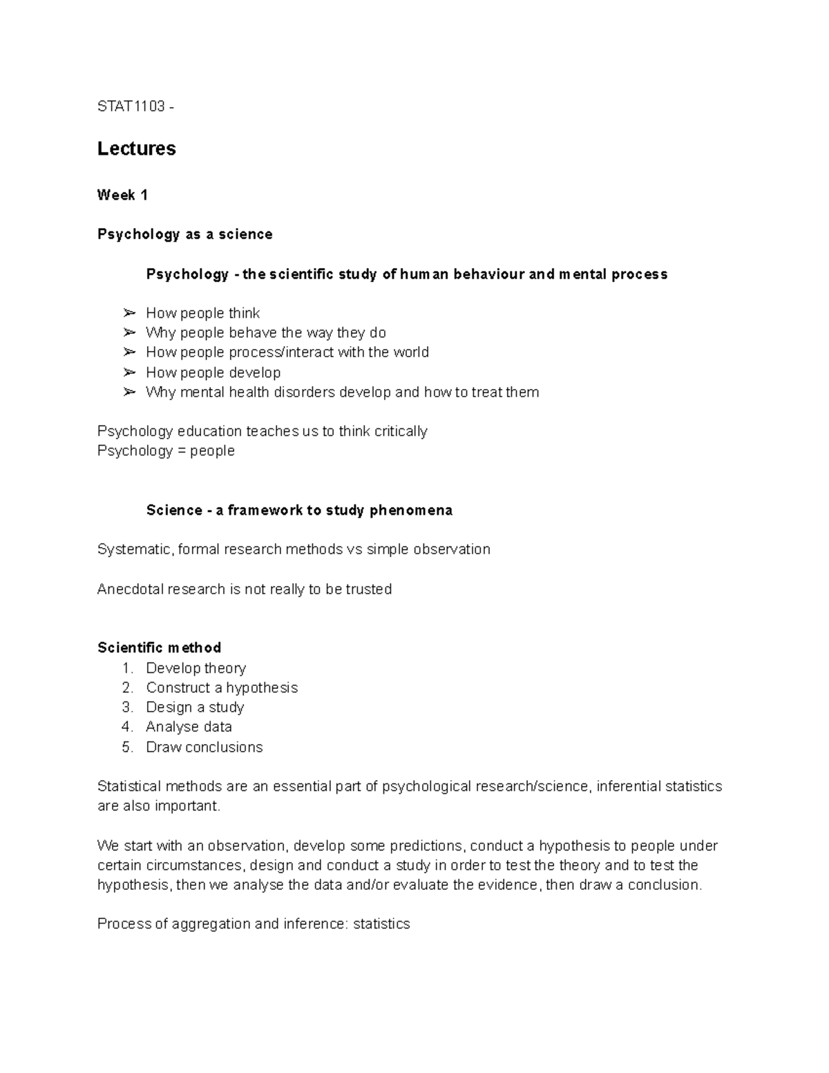 STAT1103 - WEEKS 1-5 - STAT1103 - Lectures Week 1 Psychology as a science Psychology - the - Studocu