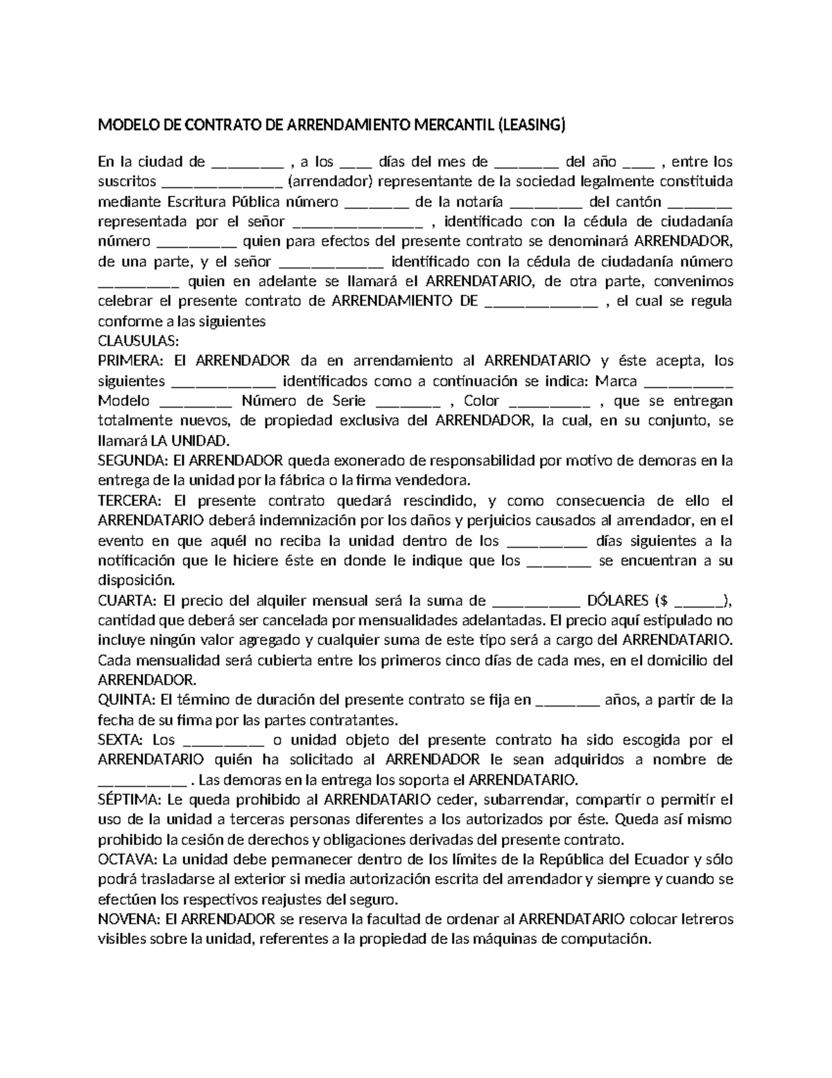 Contrato de Leasing - MODELO DE CONTRATO DE ARRENDAMIENTO MERCANTIL ...