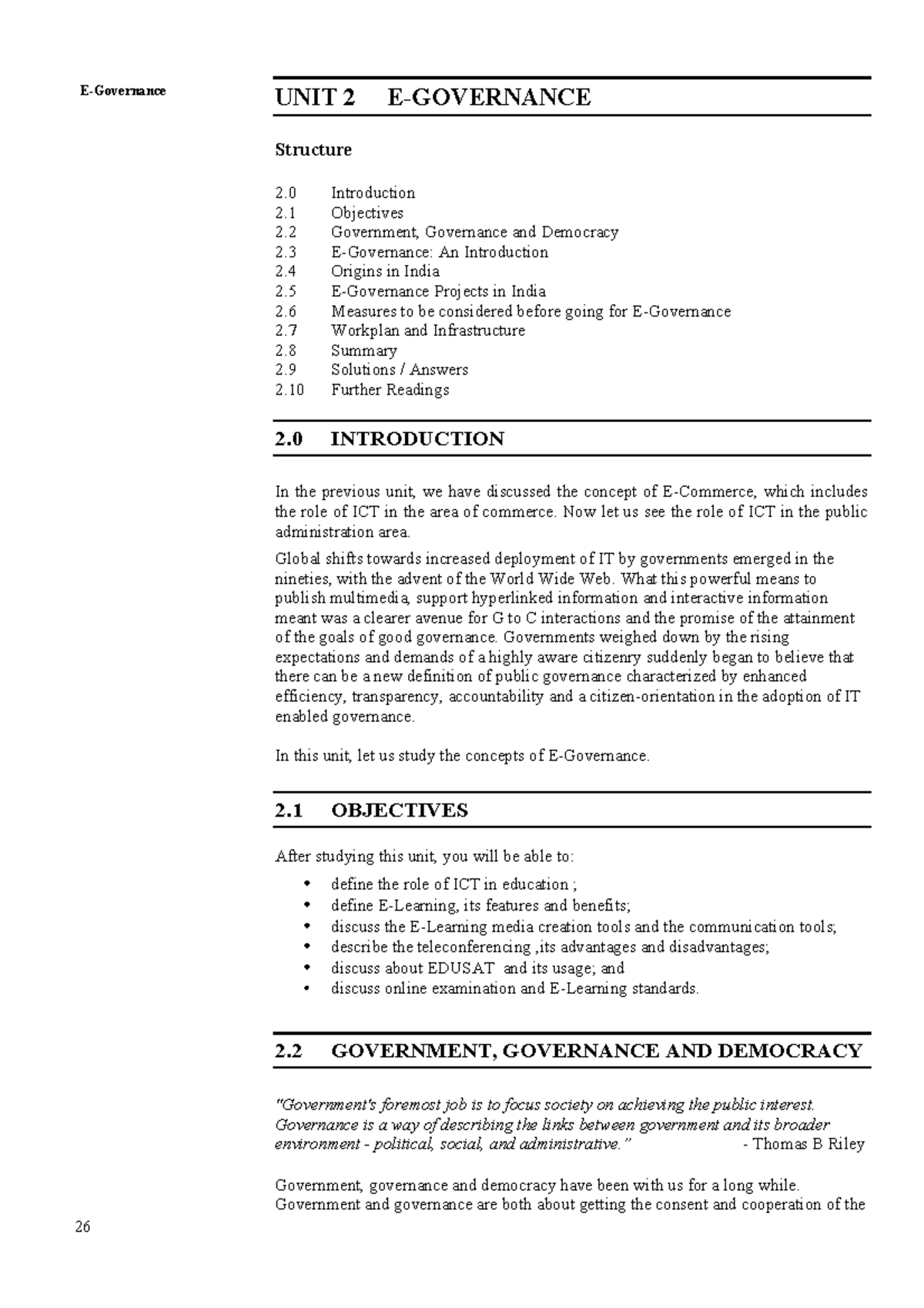 E-GOVERNANCE AND CORPORATE AFFAIRS - E-Governance UNIT 2 E-GOVERNANCE ...