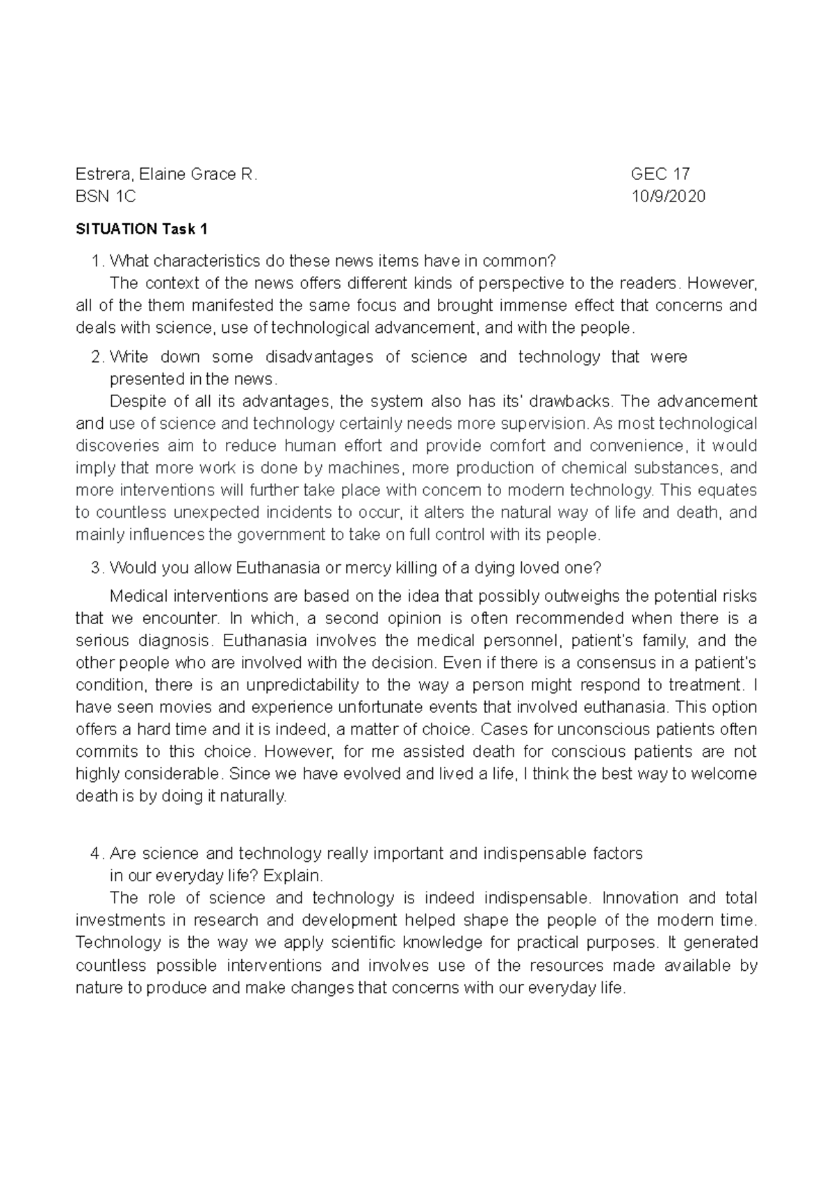 Estrera, EG- Situation Task 1 - Estrera, Elaine Grace R. GEC 17 BSN 1C ...