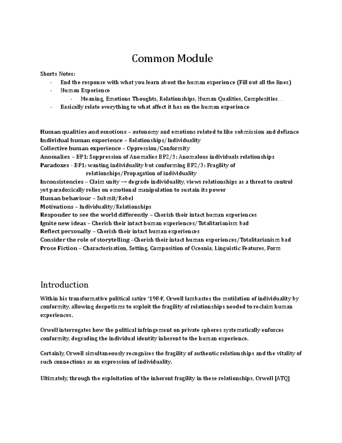 English Advanced HSC - Common Module Shorts Notes: - End the response ...