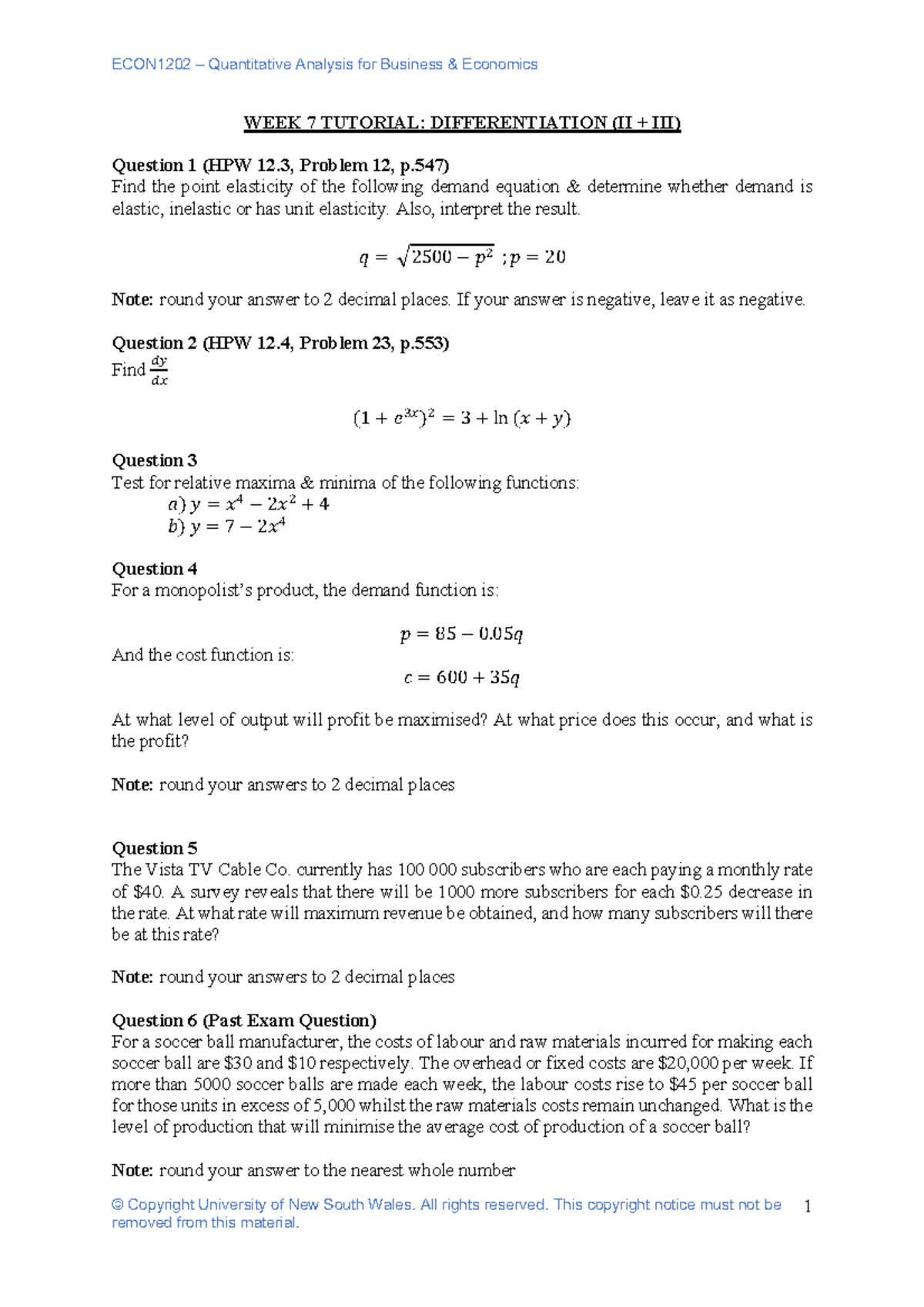 Week 7 Tutorial Questions And Answers Econ1202 Quantitative
