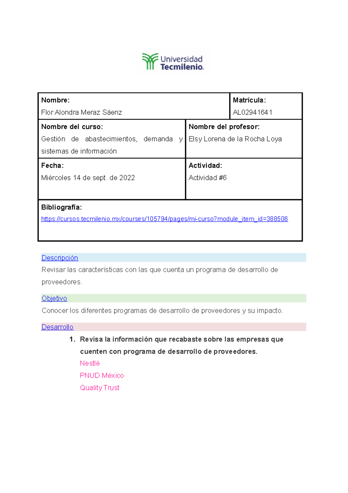 Act 6 - Actividad numero 6 de gestion - Nombre: Flor Alondra Meraz ...