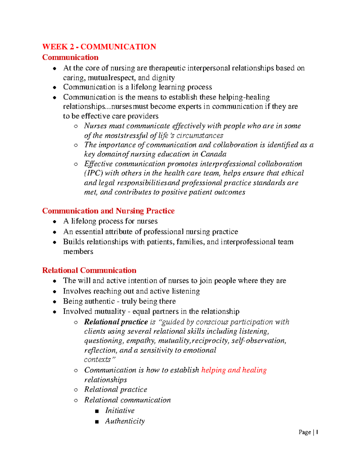 NUR101 communication week 2 Summaries - WEEK 2 - COMMUNICATION ...