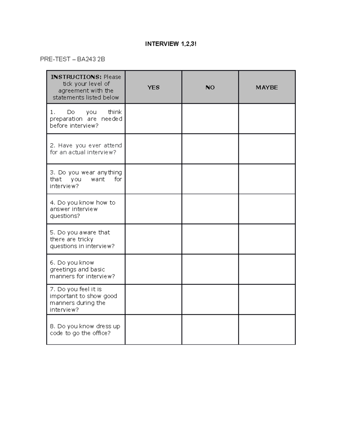 MBA2432B PRE & POST Training Evaluation FORM - INTERVIEW 1,2,3! PRE ...