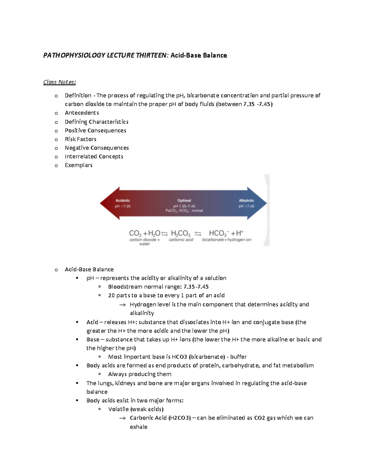 Patho Lecture 13 - PATHOPHYSIOLOGY LECTURE THIRTEEN: Acid-Base Balance ...