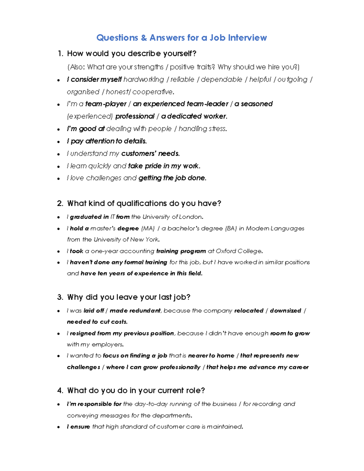 Job Interview Qs As - Questions & Answers for a Job Interview 1. How ...