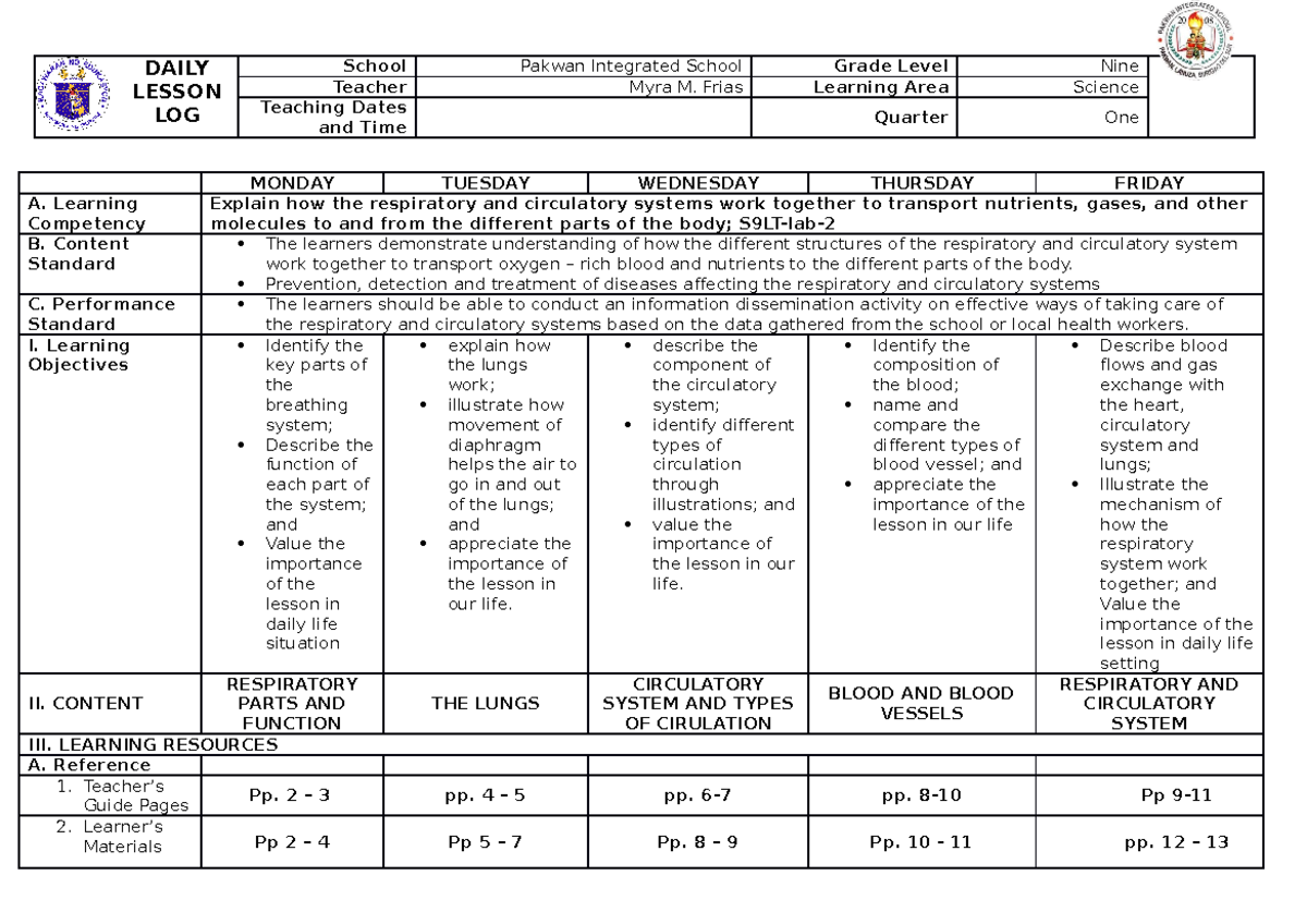 Daily Lesson LOG IN Science IX - First Quarter - DAILY LESSON LOG ...