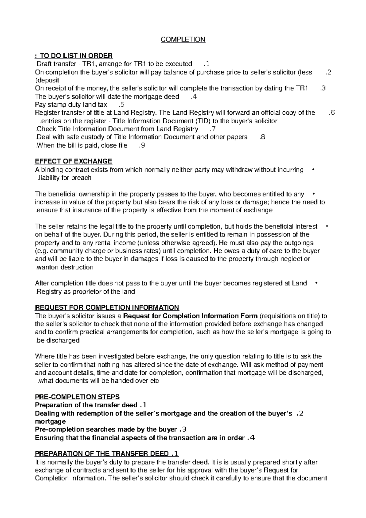 Real Estate Completion - COMPLETION : TO DO LIST IN ORDER Draft ...