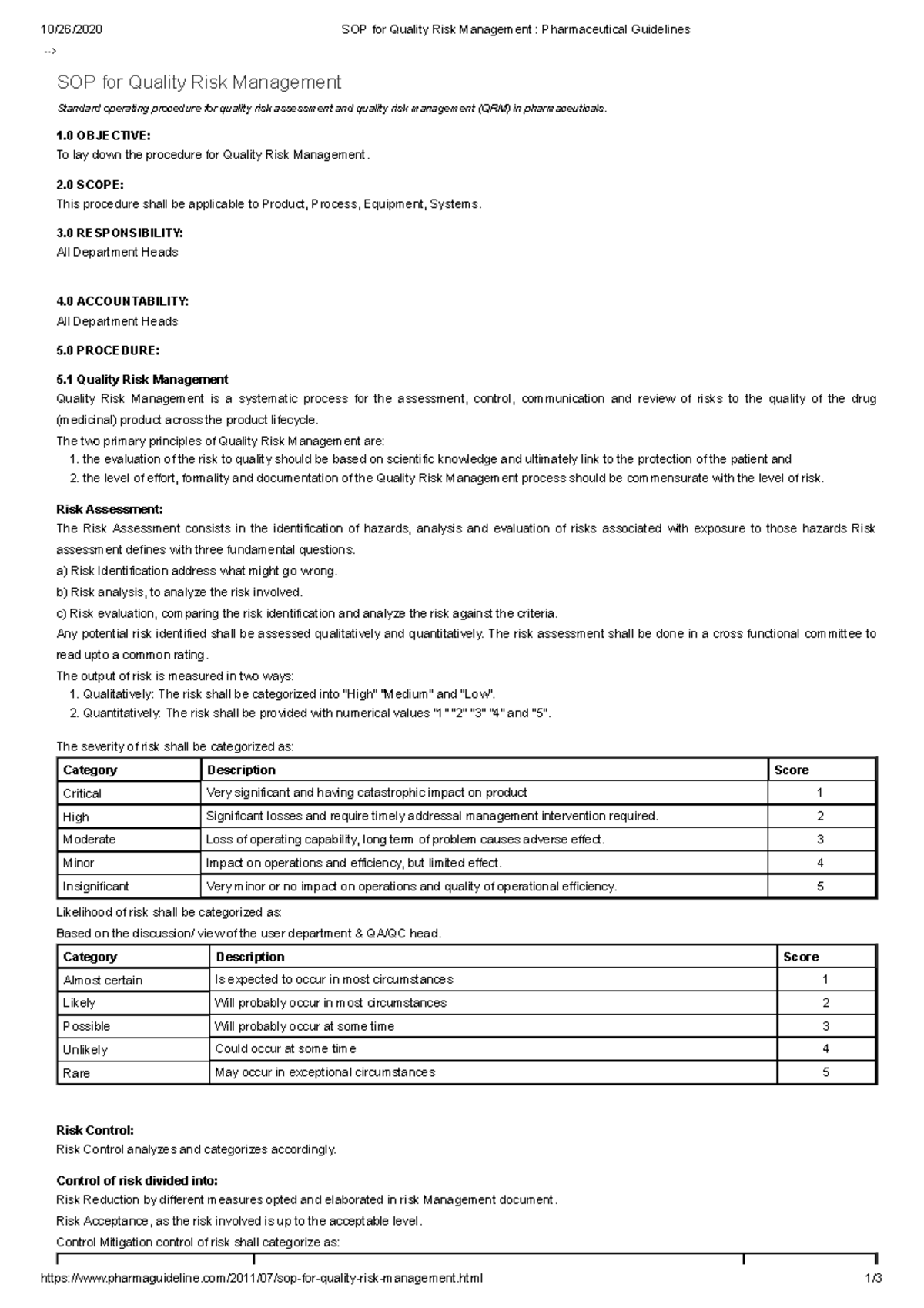 Pdfcoffee - awdad - 10/26/2020 SOP for Quality Risk Management : Pharmaceutical Guidelines - Studocu