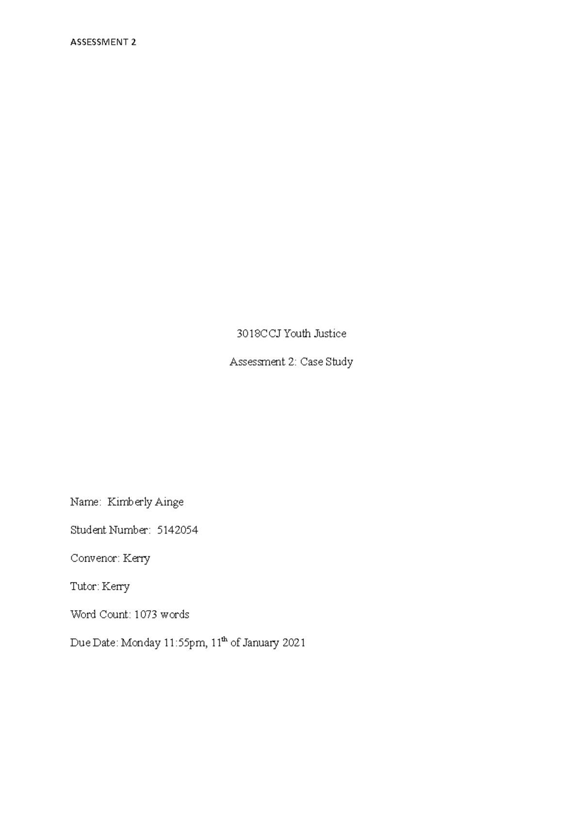 Griffith Assignment Template - 3018CCJ Youth Justice Assessment 2: Case ...