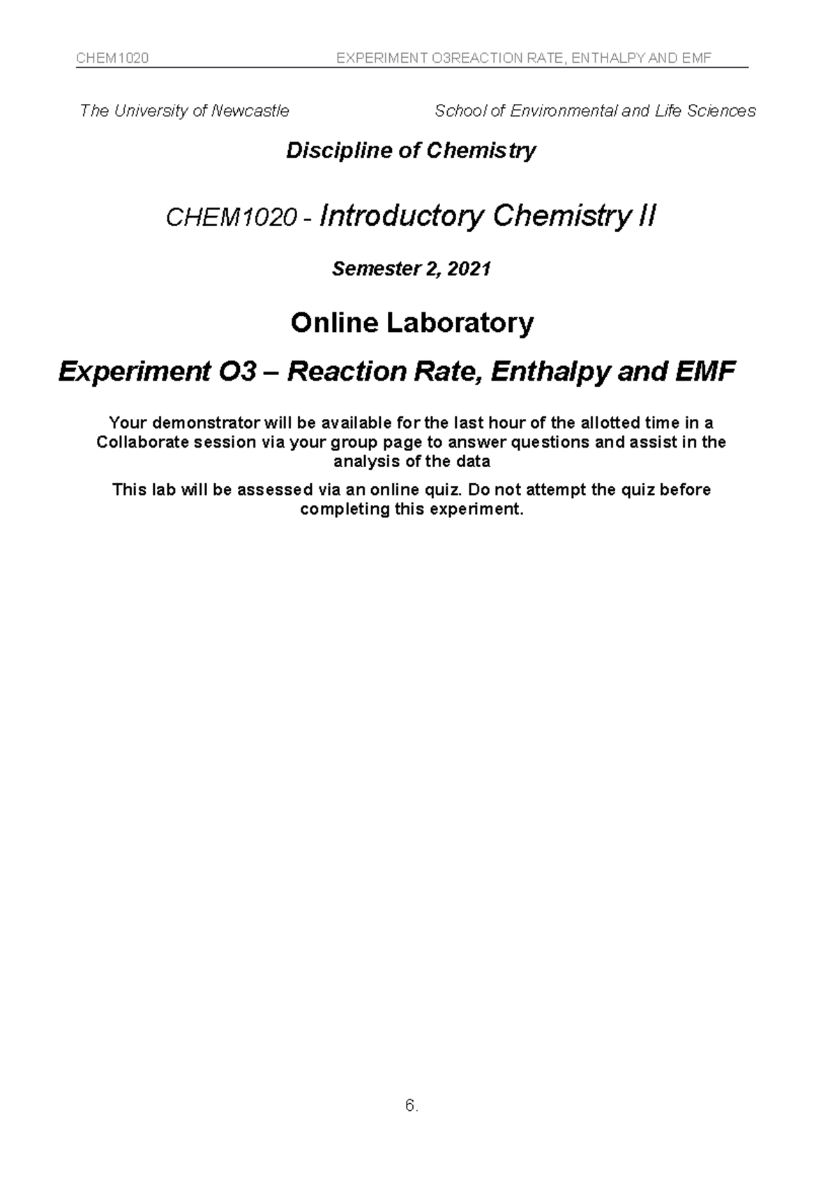 2021 Expt O 3 Reaction Rate, Enthalpy and EMF Protocol - CHEM1020 - UoN ...
