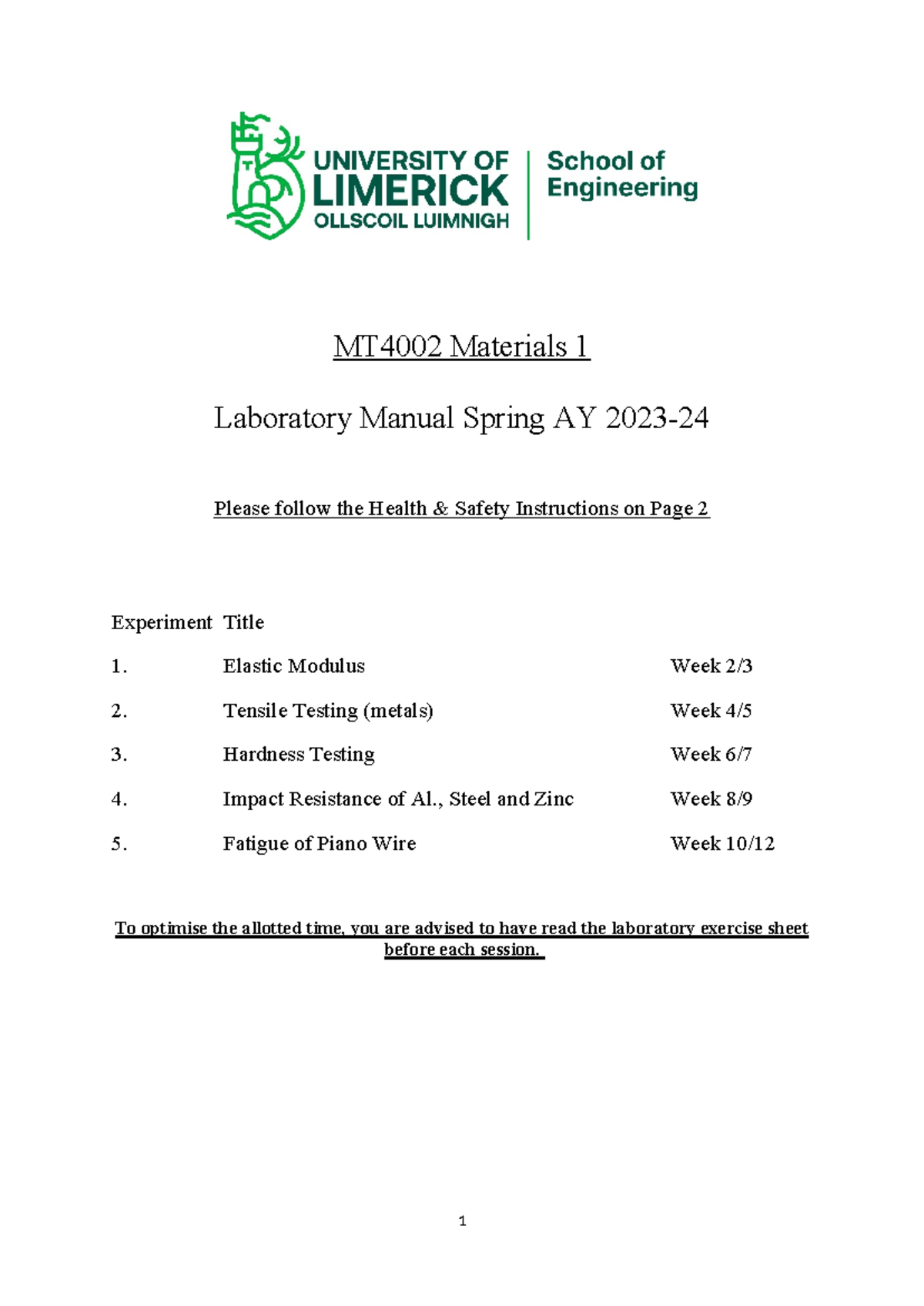 Material Lab - Lab Paper - MT4002 Materials 1 Laboratory Manual Spring ...