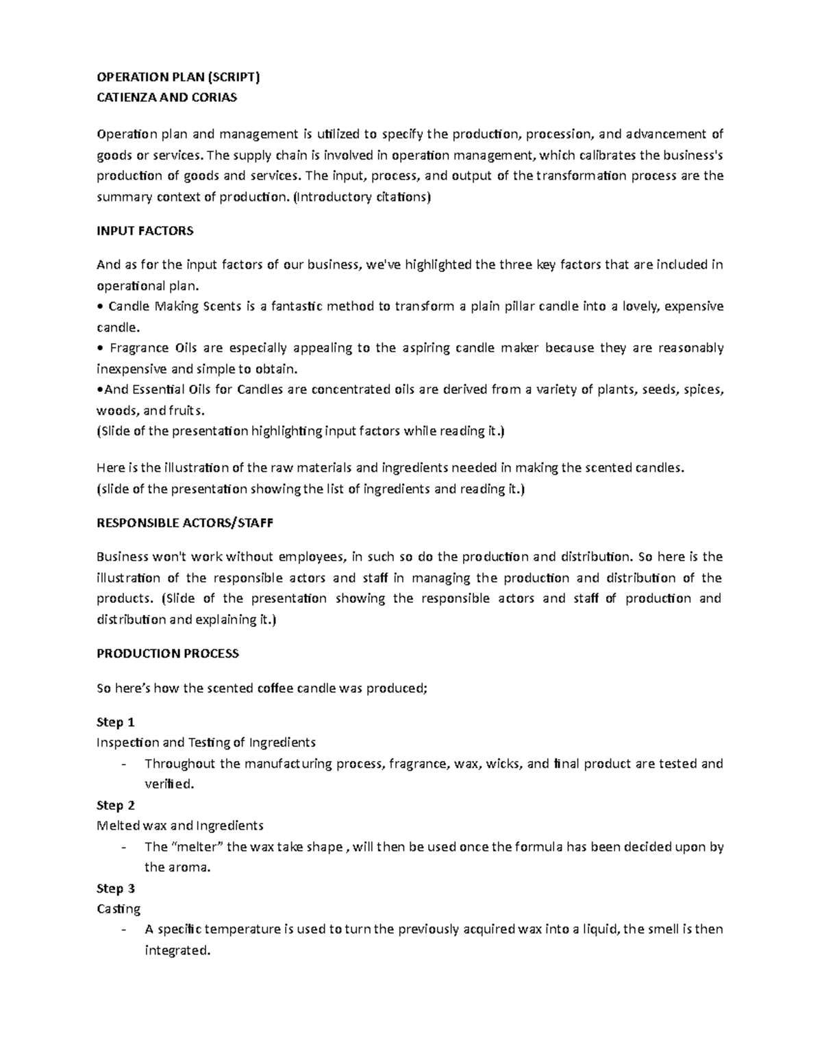 Entrep Script - OPERATION PLAN (SCRIPT) CATIENZA AND CORIAS Operation ...