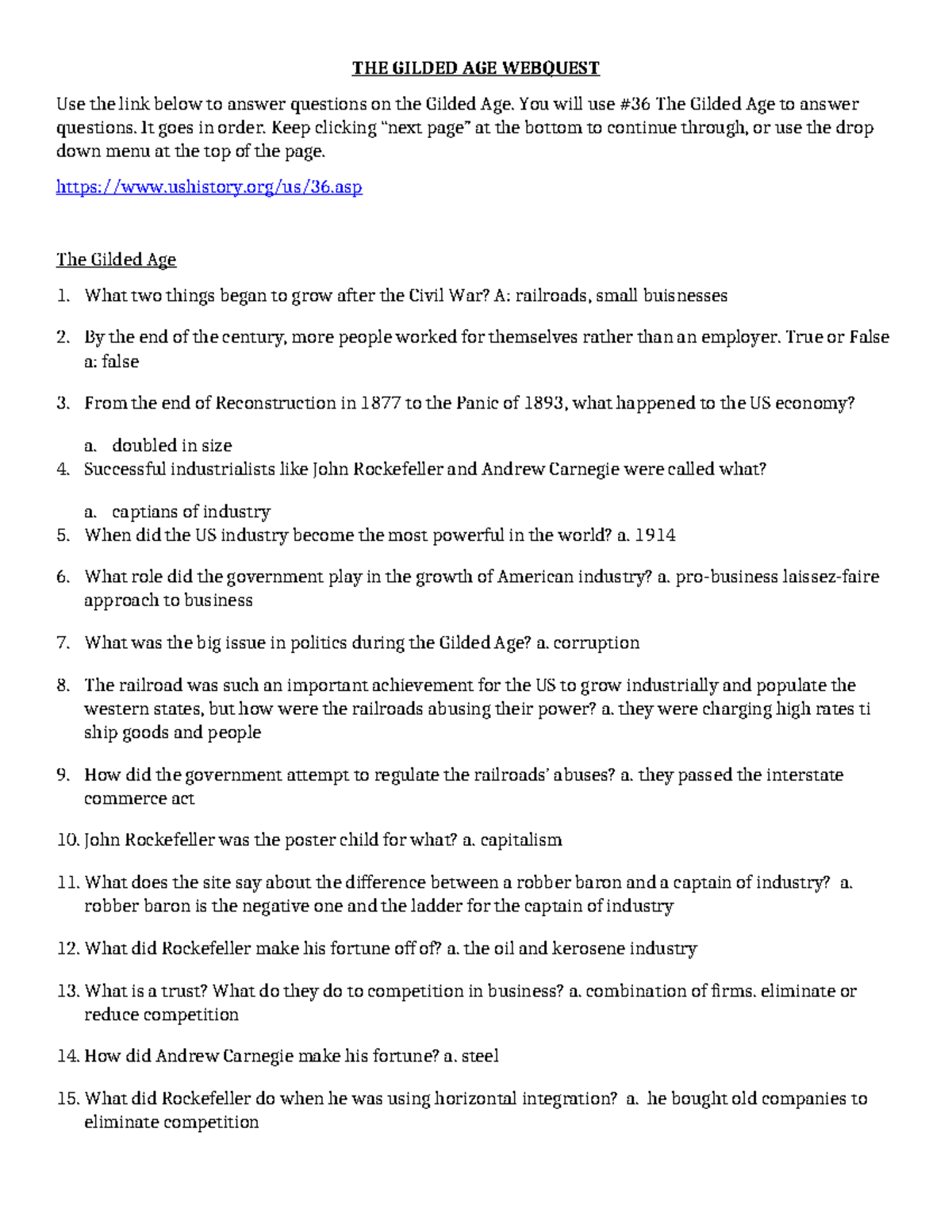 Copy of Gilded Age Web quest - THE GILDED AGE WEBQUEST Use the link ...