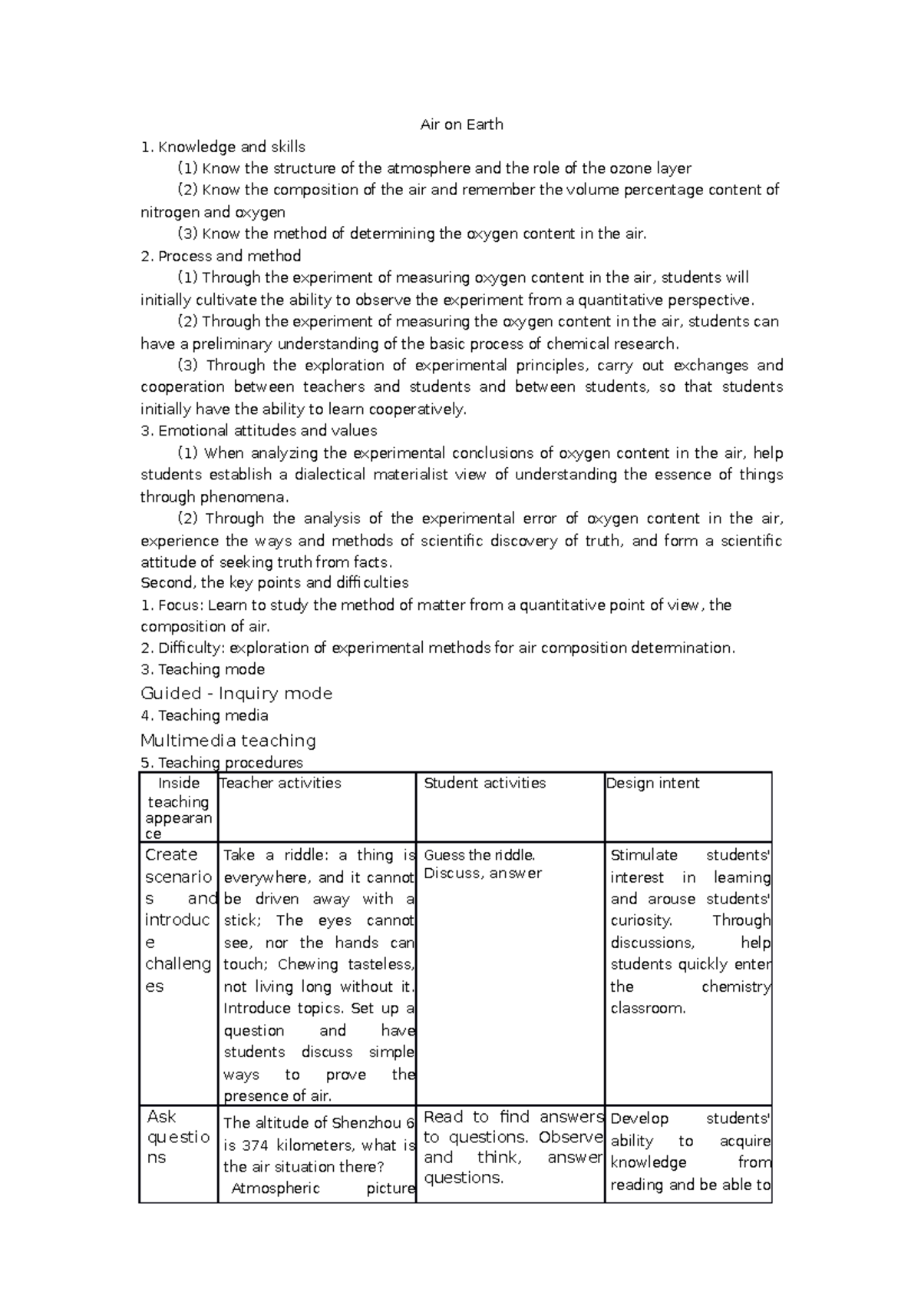 Air on Earth - Air on Earth Knowledge and skills (1) Know the structure ...