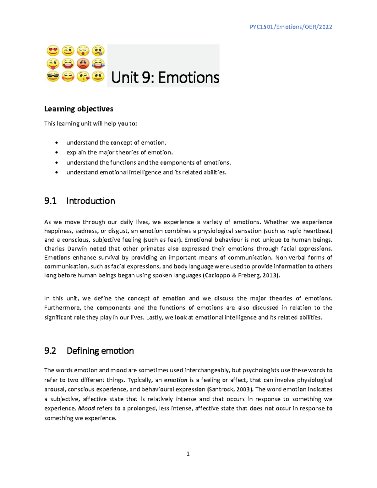 PYC1501 Unit 9 Emotions OER 2022 - Unit 9: Emotions Learning objectives ...